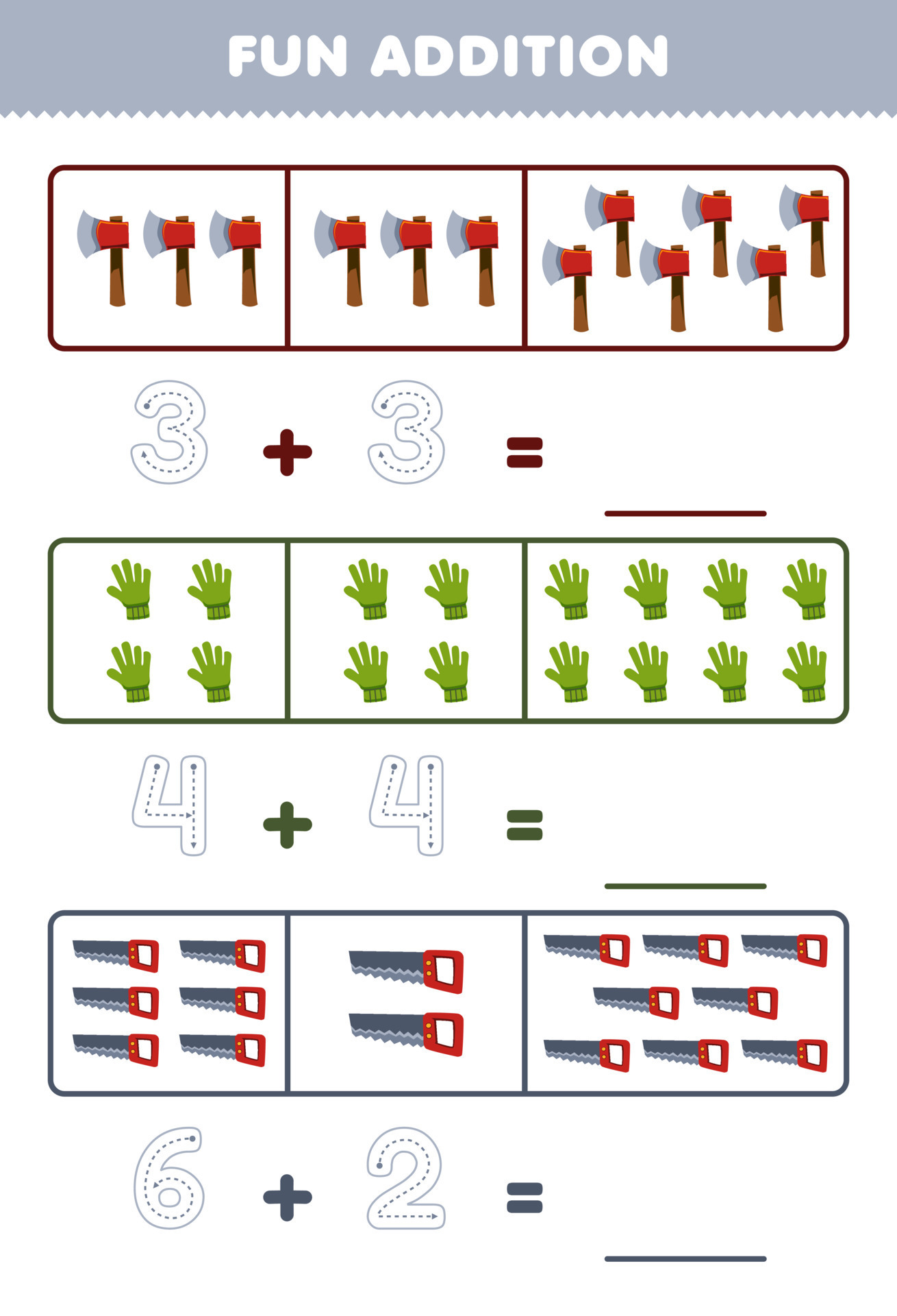 Education game for children fun addition by counting and tracing the number of cute cartoon axe ...