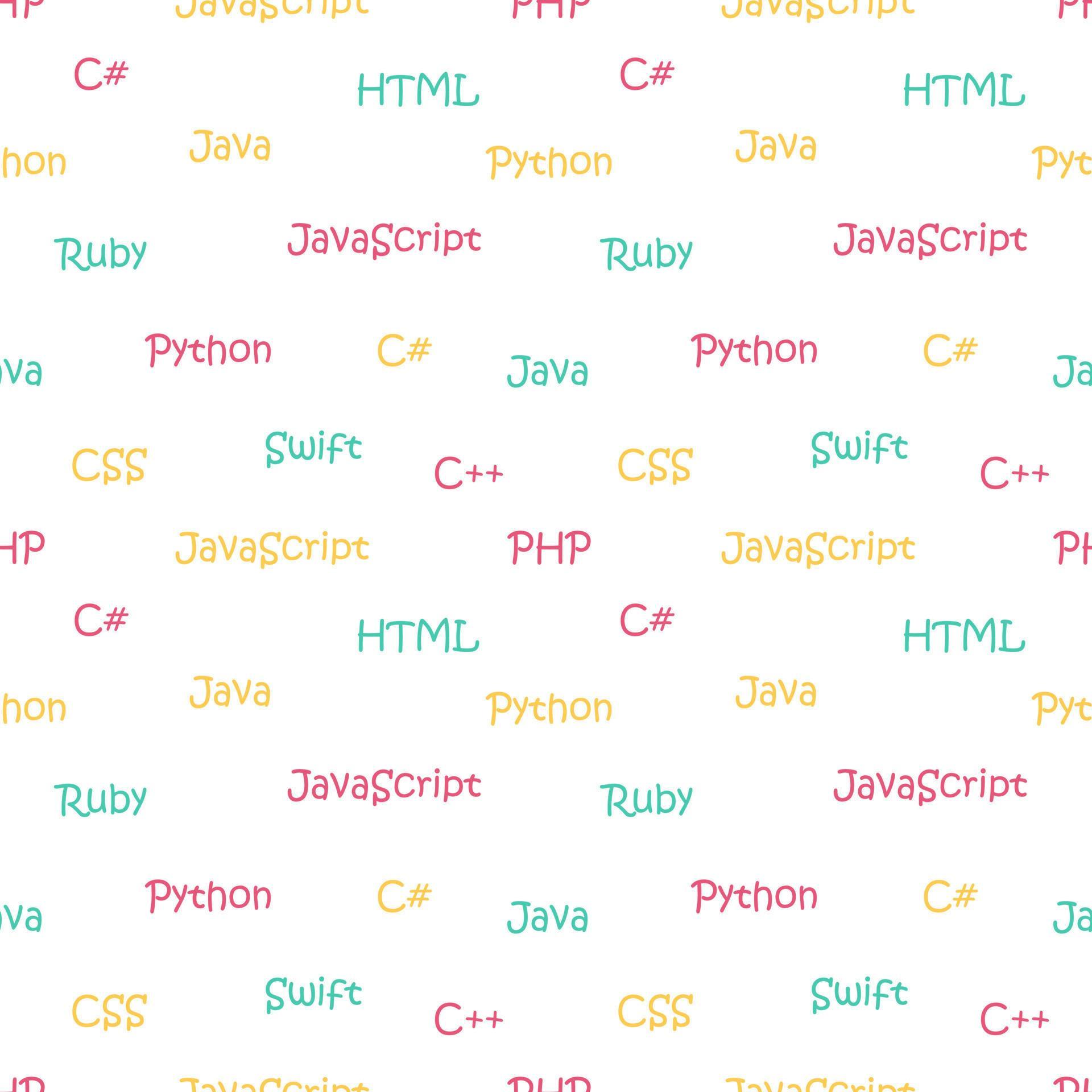Vector seamless pattern with programming languages. Names of machine languages. Black and white ...