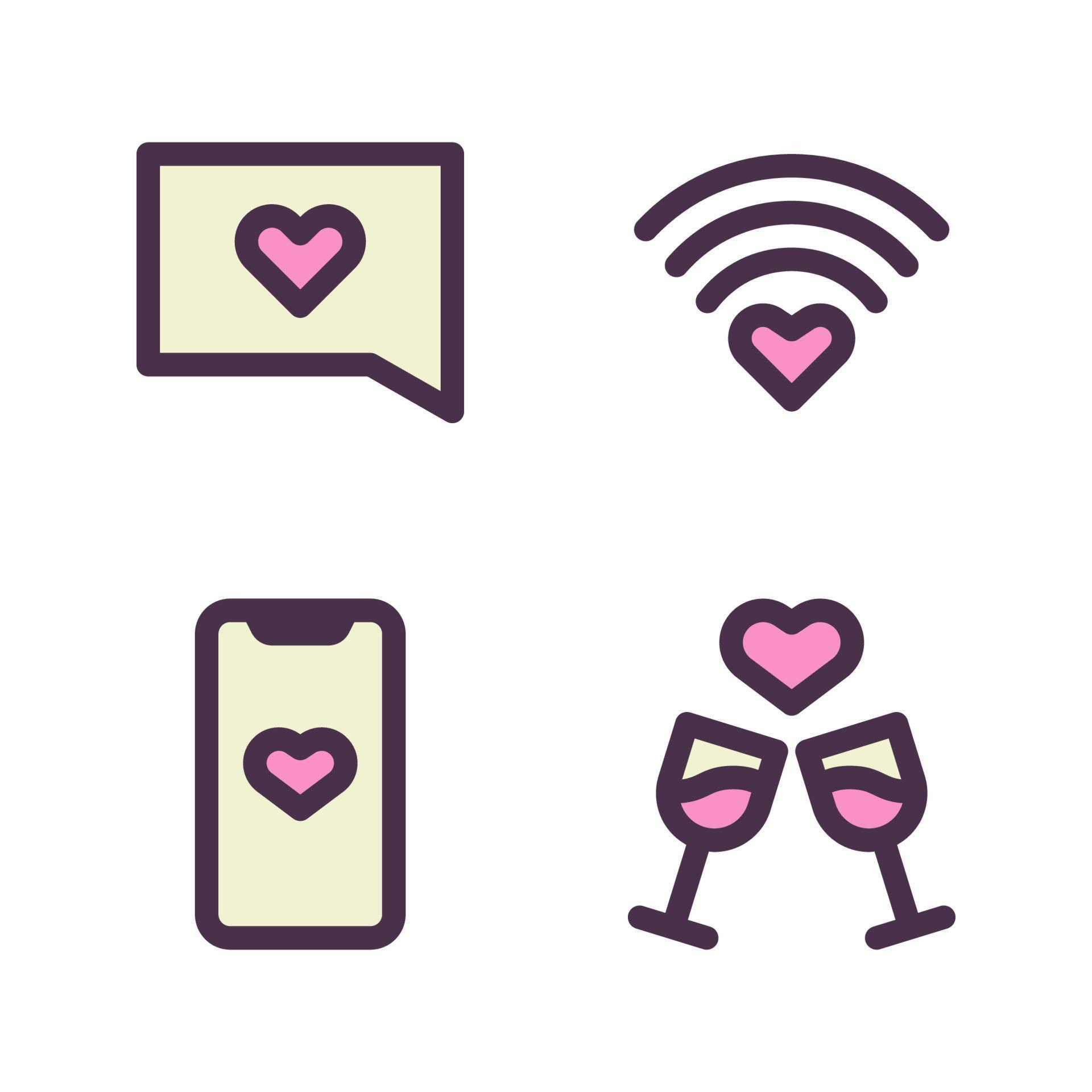 Romance icons set. speech bubble, signal, smartphone, drink. Perfect for website mobile app, app ...
