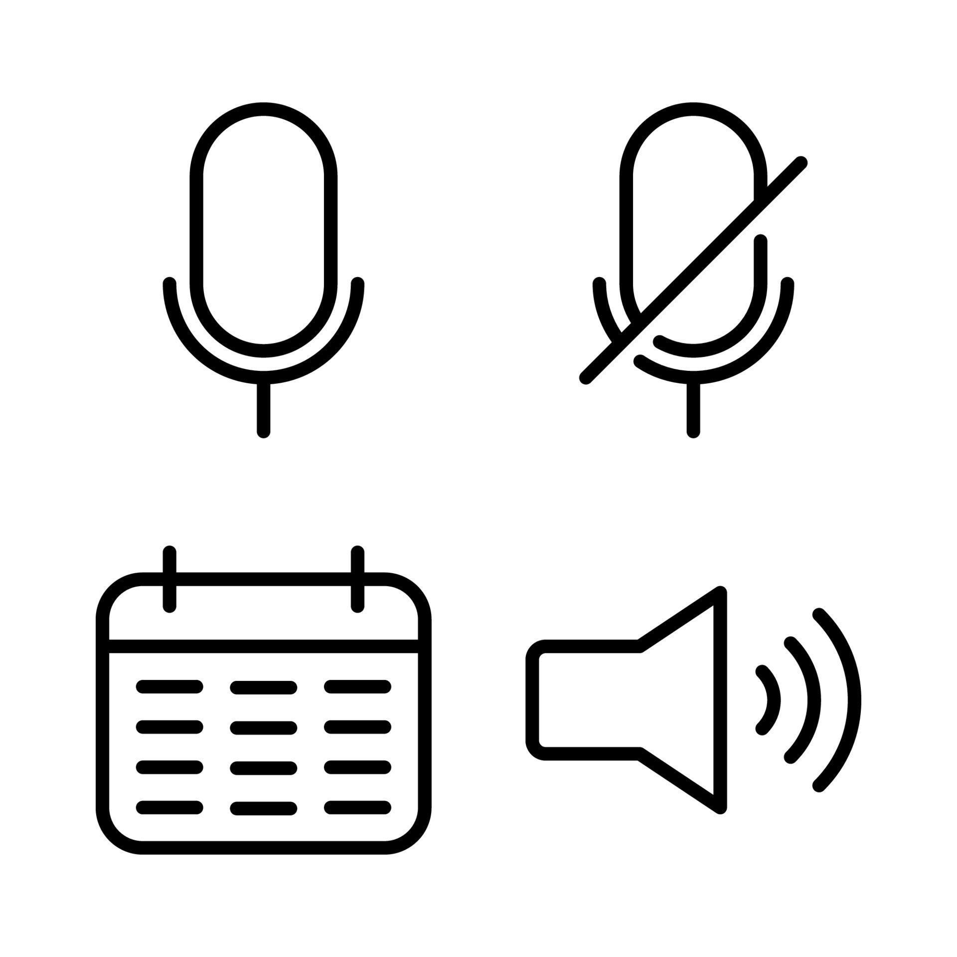 User Interface icons set. Microphone, mic mute, schedule, audio ...