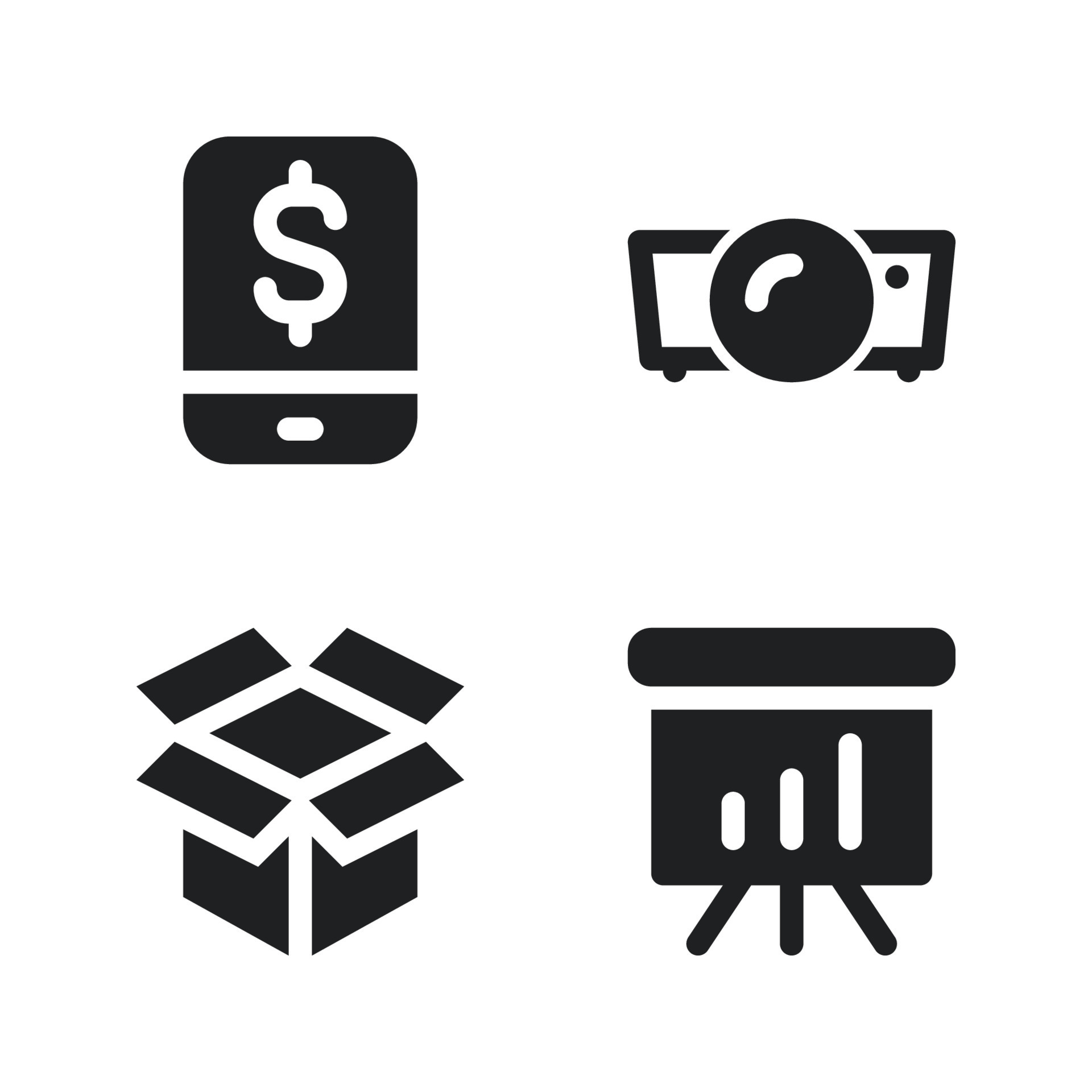 Business Management icons set. Smartphone, projector, unboxing ...