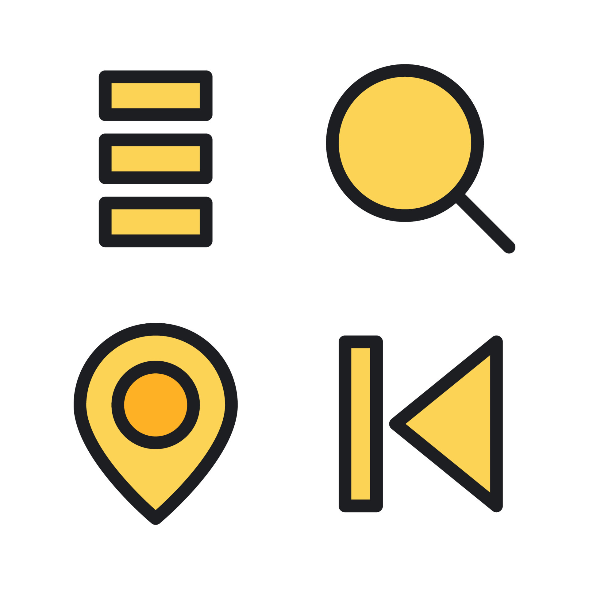 User Interface icons set. Menu, search, pin, backward. Perfect for ...