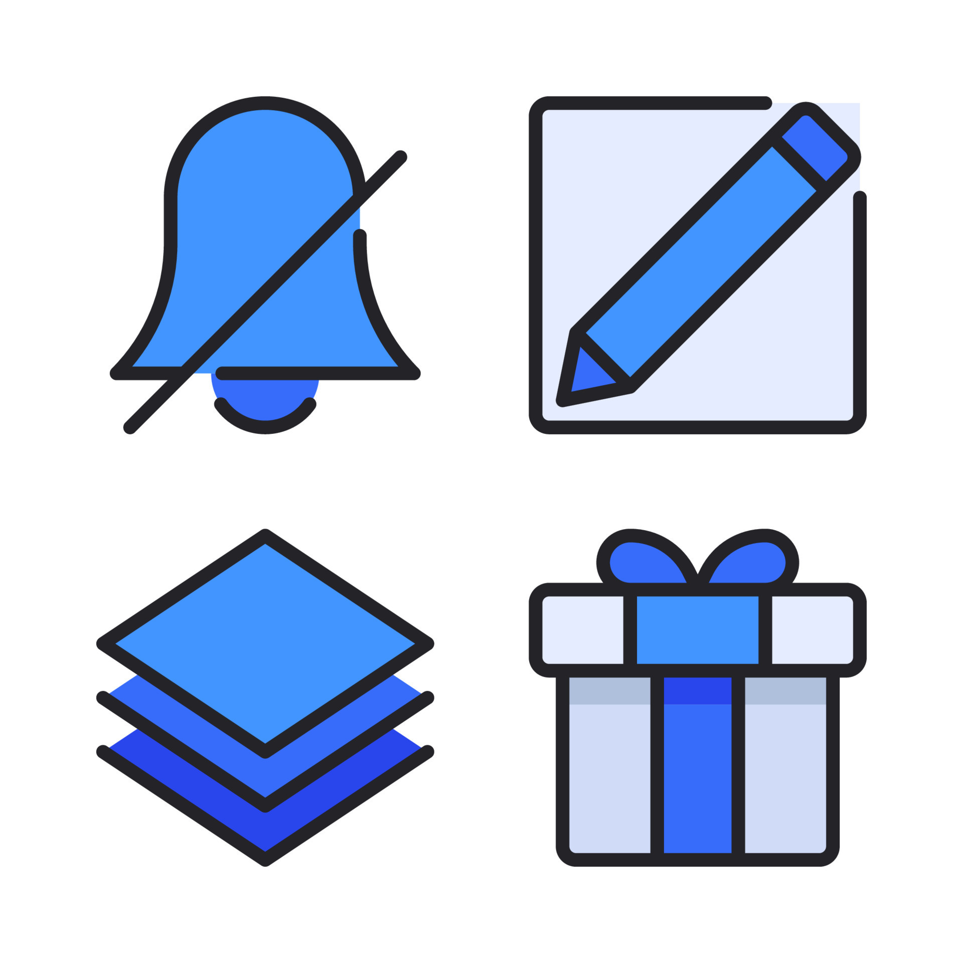 User Interface Icons Set Silent Bell Pencil Layers T Box
