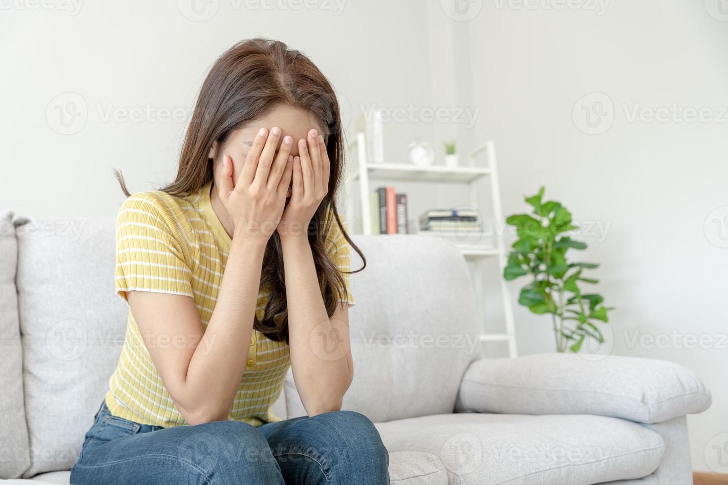 Unhappy asian woman girl disappointed, sad about problem in home alone, feel lonely, Stressed ...