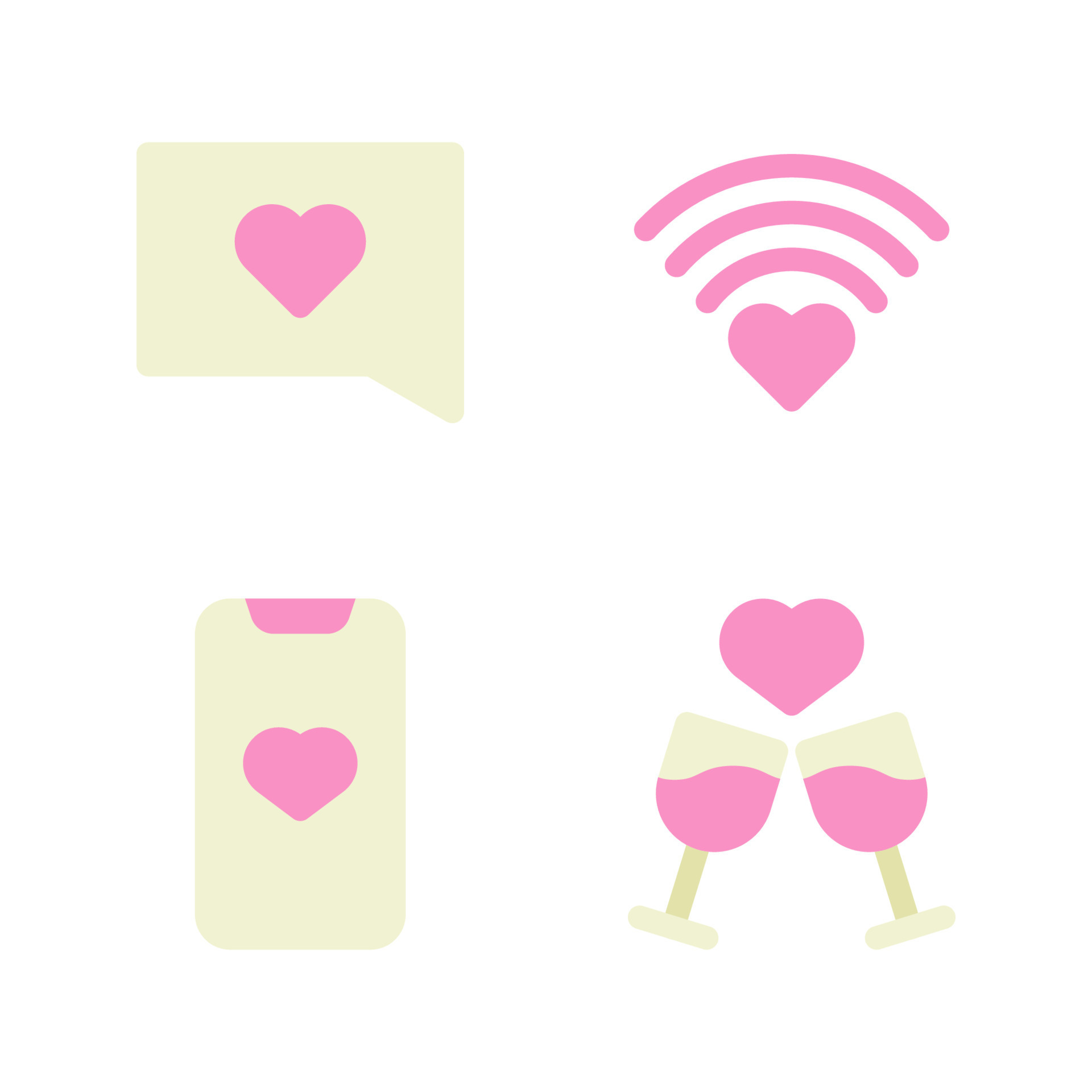 Romance icons set. speech bubble, signal, smartphone, drink. Perfect for website mobile app, app ...