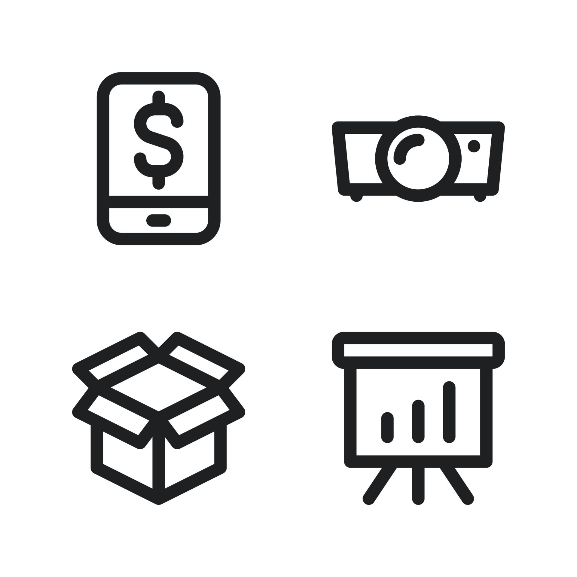 Business Management icons set. Smartphone, projector, unboxing ...
