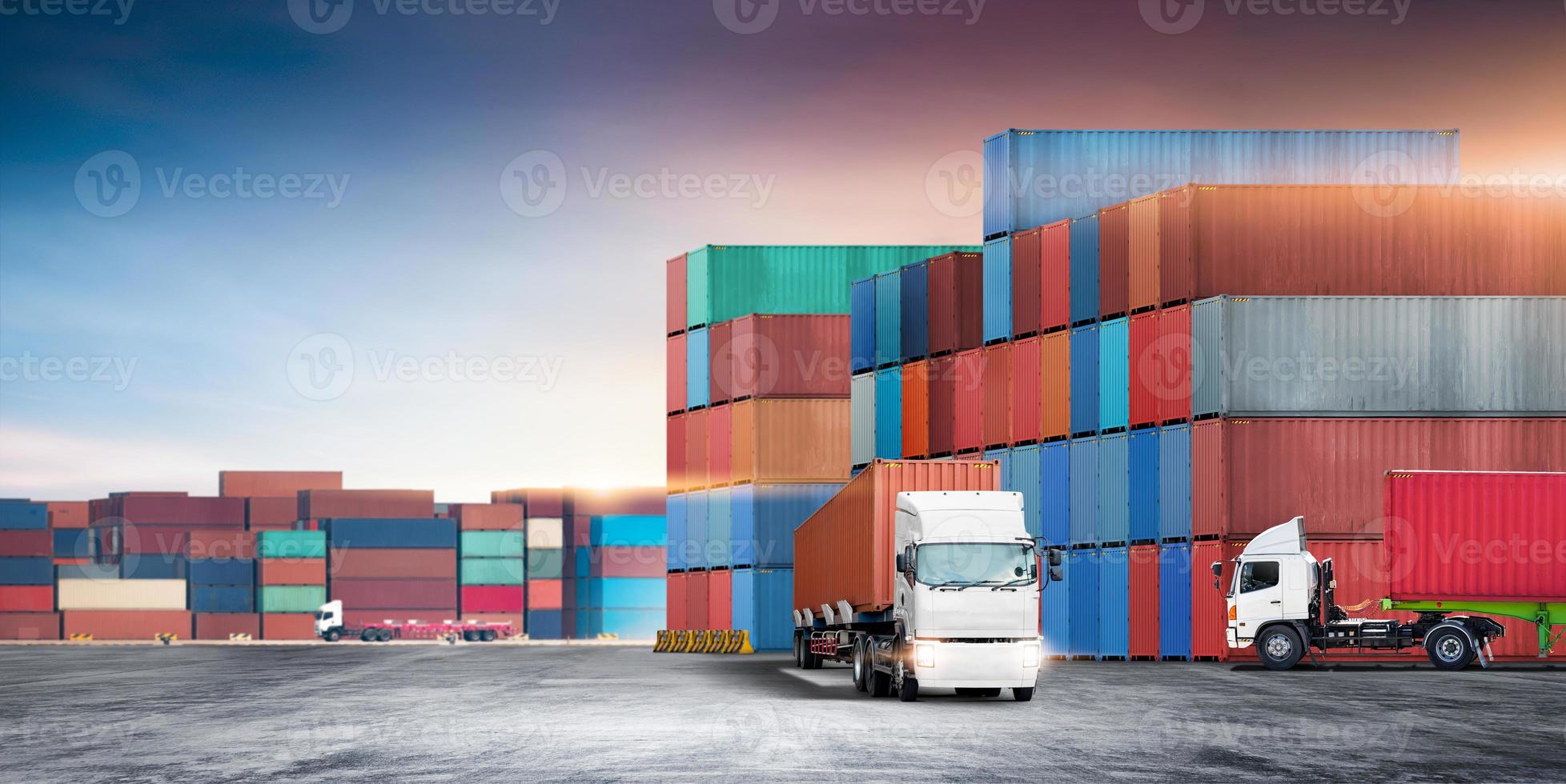 Transport of container truck at shipping depot dock yard background ...