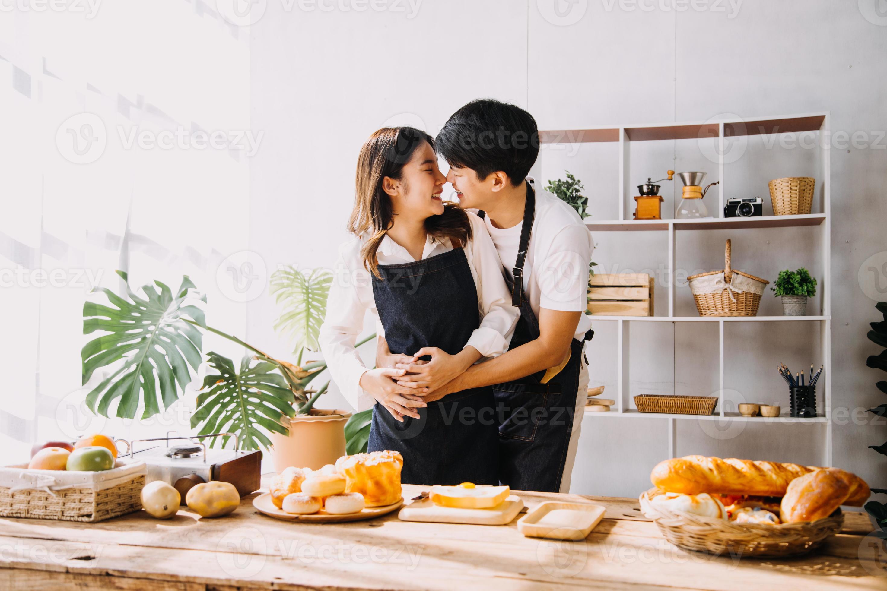In Kitchen Perfectly Happy Couple Preparing Healthy Food Lots Of