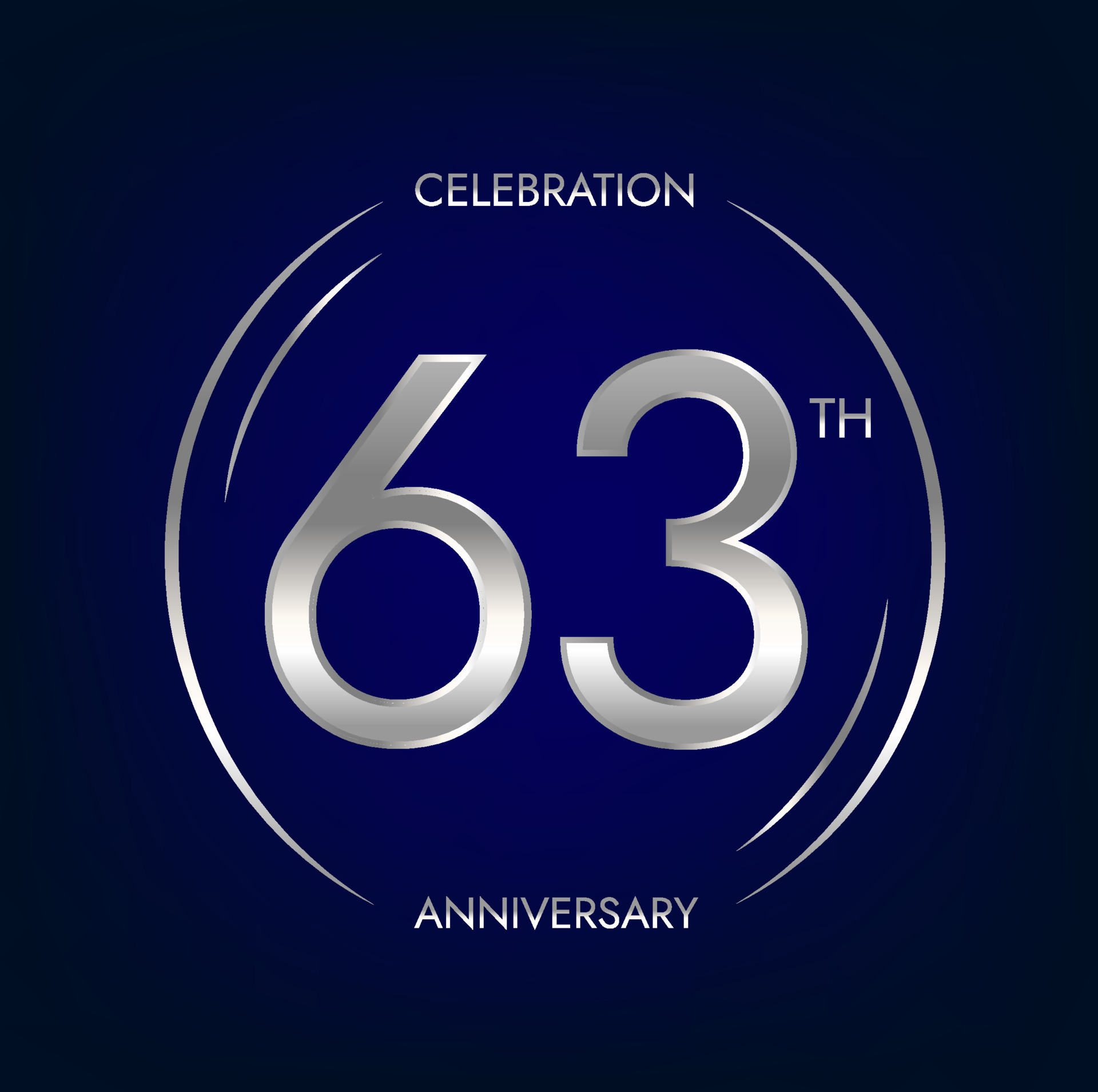 63th anniversary. Sixty-three years birthday celebration banner in silver color. Circular logo ...