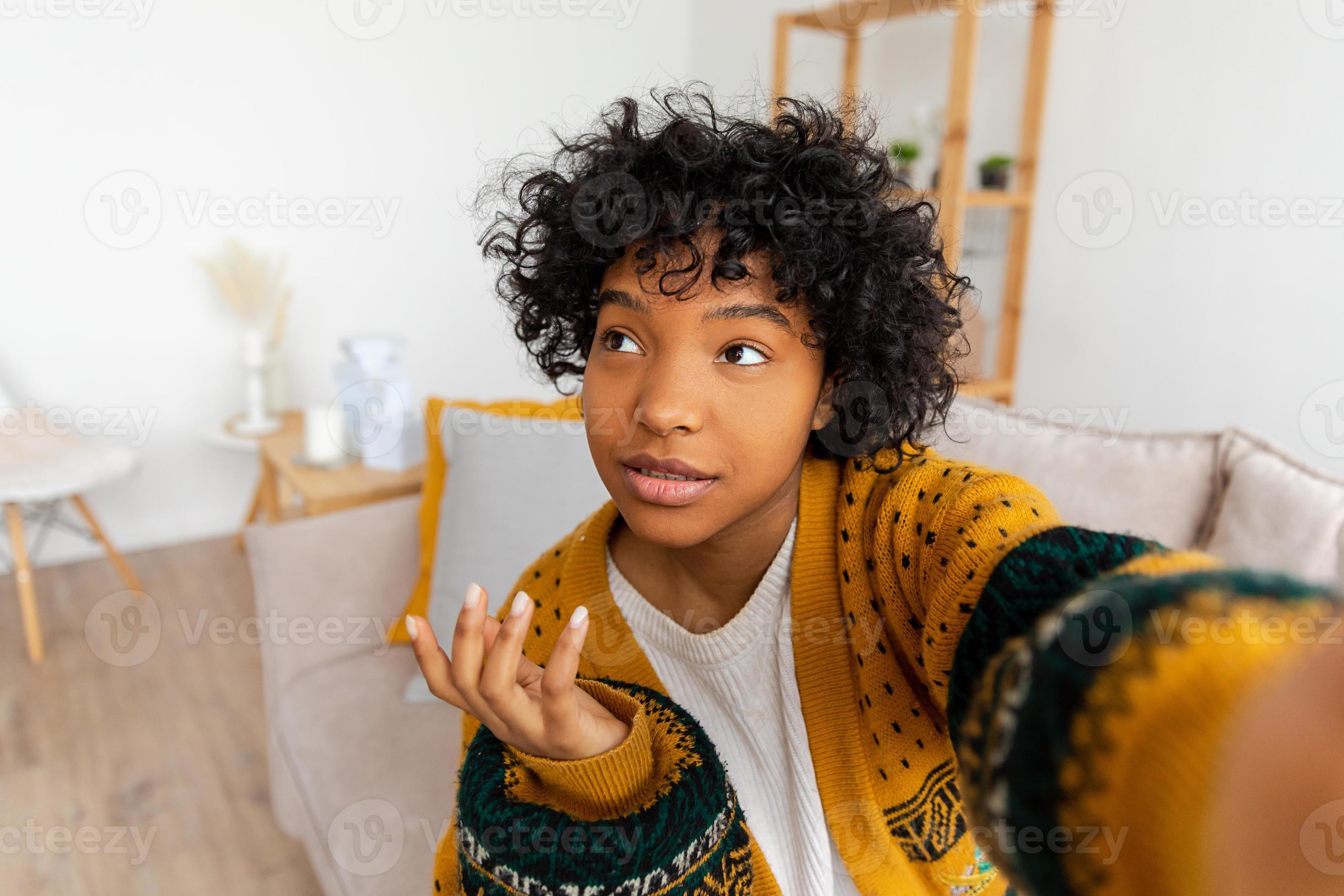 Happy African American Teen Girl Blogger Smiling Face Talking To Webcam Recording Vlog Social 6366