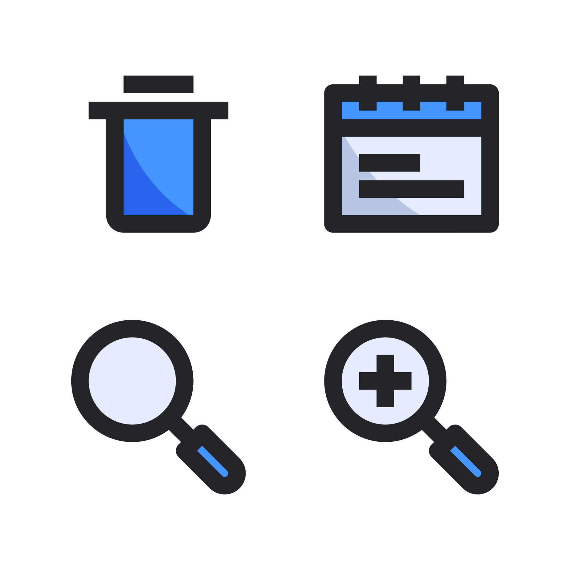 User Interface icon set. Trash bin, calendar, search, zoom in. Perfect ...