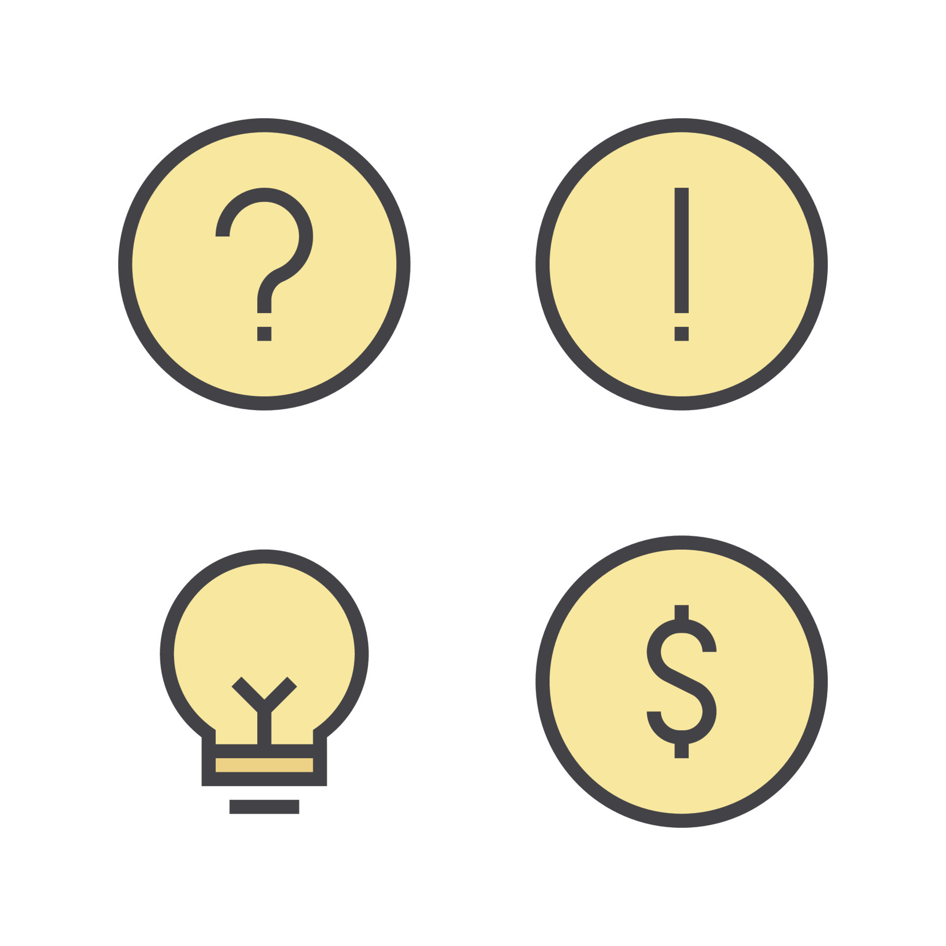 User Interface Icons set. Question mark, warning, lamp, dollar. Perfect ...