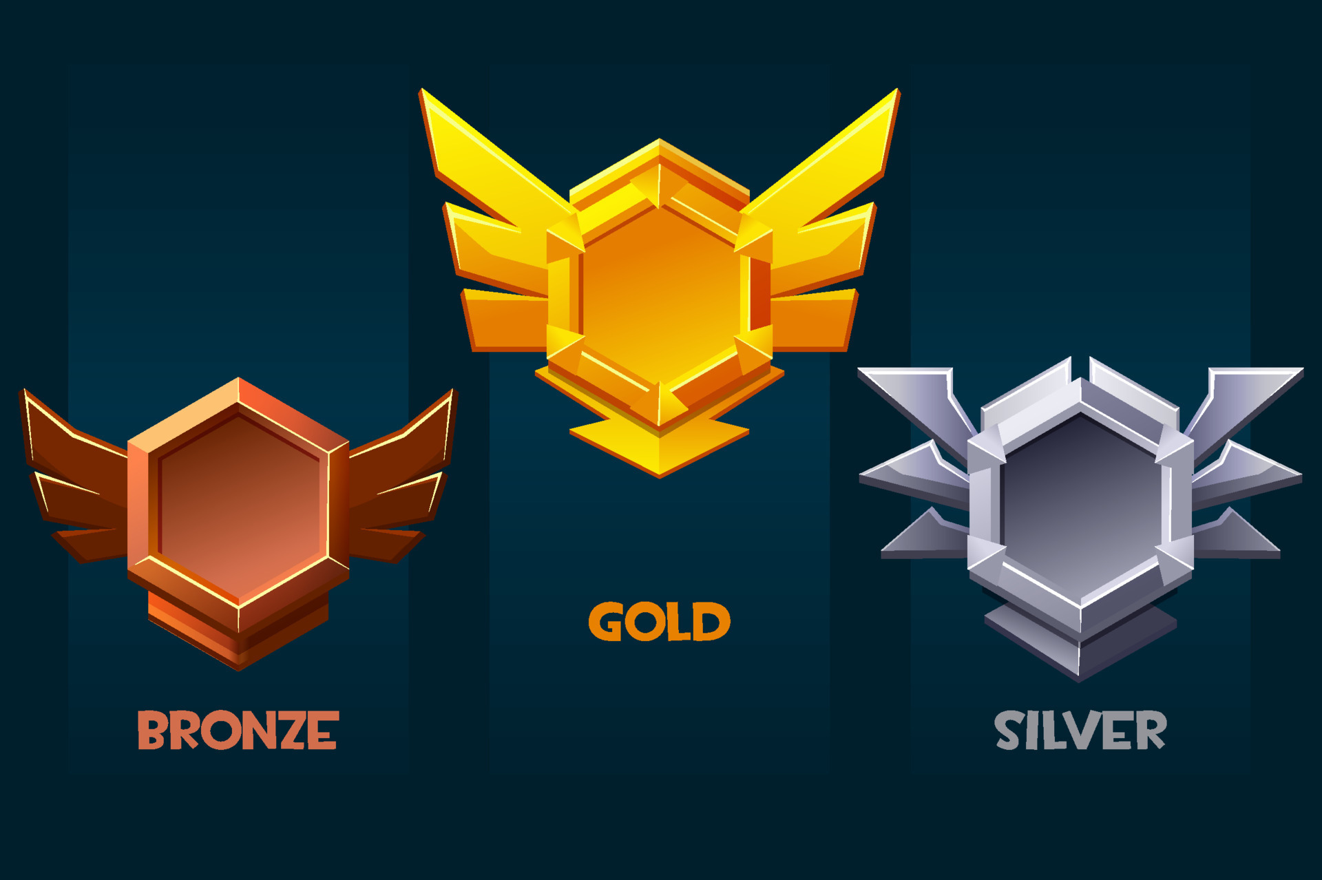 Set of game rank icons isolated. Vector bronze, silver and gold game ... Set of game rank icons isolated. Vector bronze, silver and gold game ...
