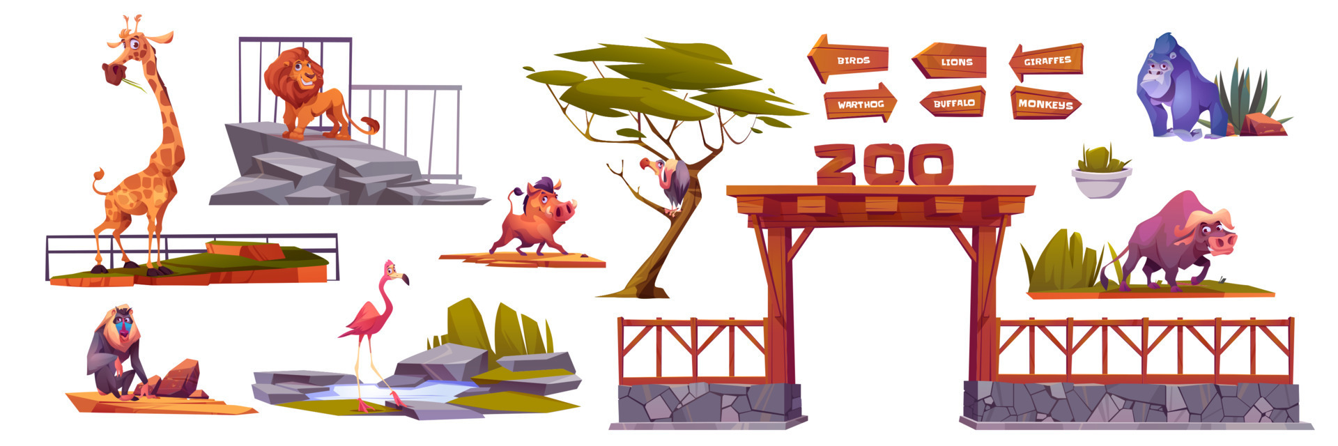 Zoo animals and landscape design set 20236888 Vector Art at Vecteezy