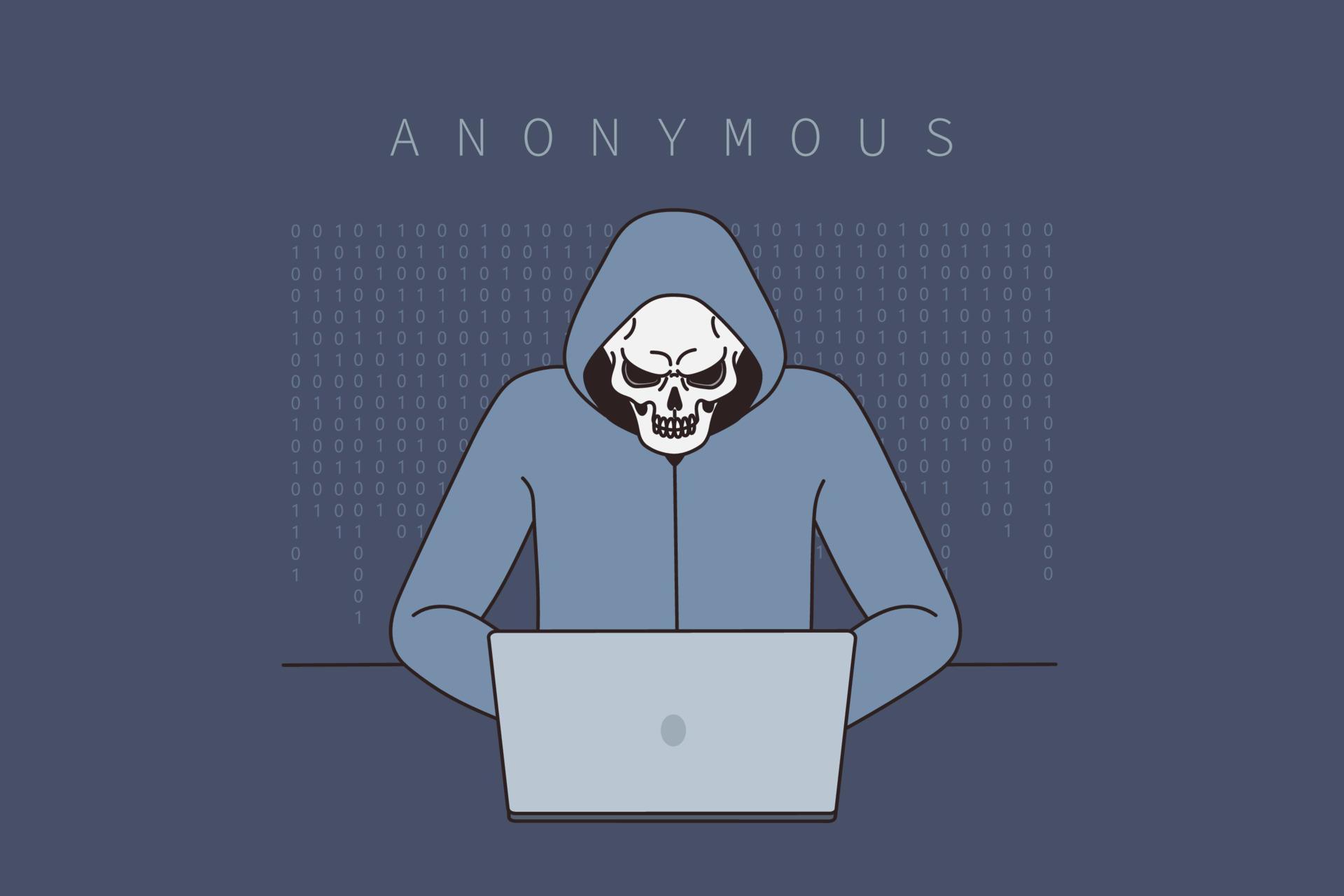 Anonymous hacker in hood and skull mask work on computer break operational software. Darknet ...