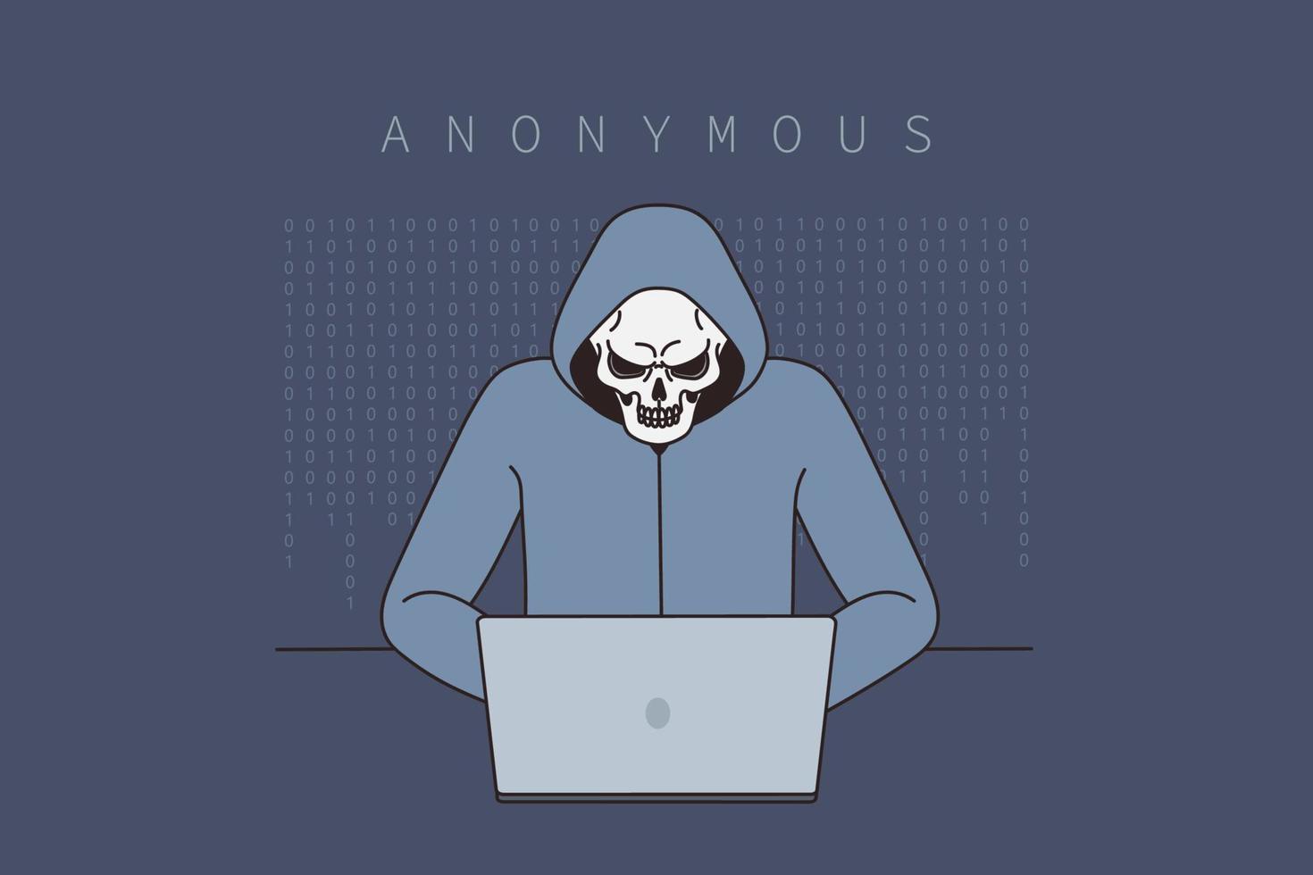 Anonymous Hacker In Hood And Skull Mask Work On Computer Break Operational Software Darknet