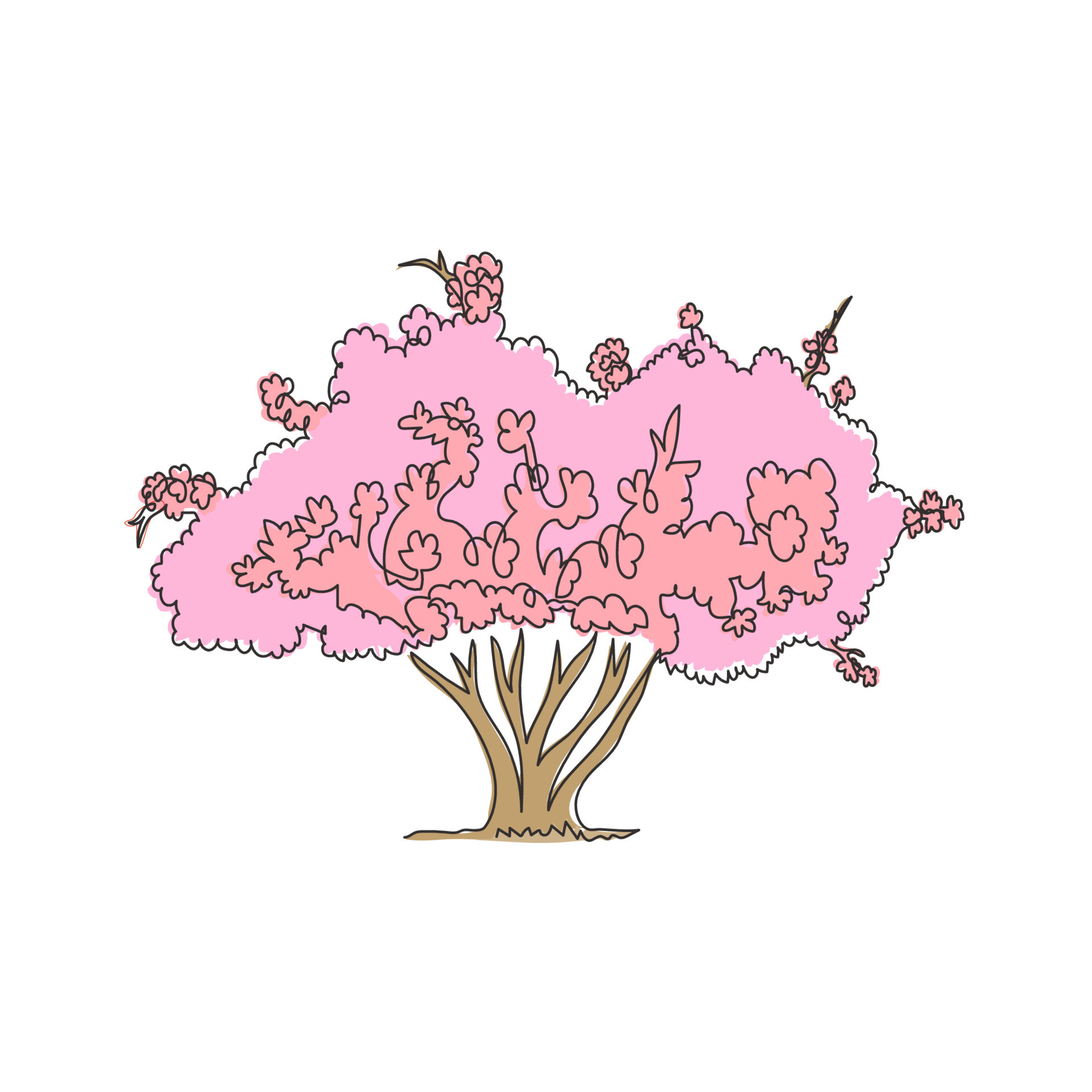 Single One Line Drawing Of Exotic Japanese Sakura Tree For Home Art Wall Decor Poster Print