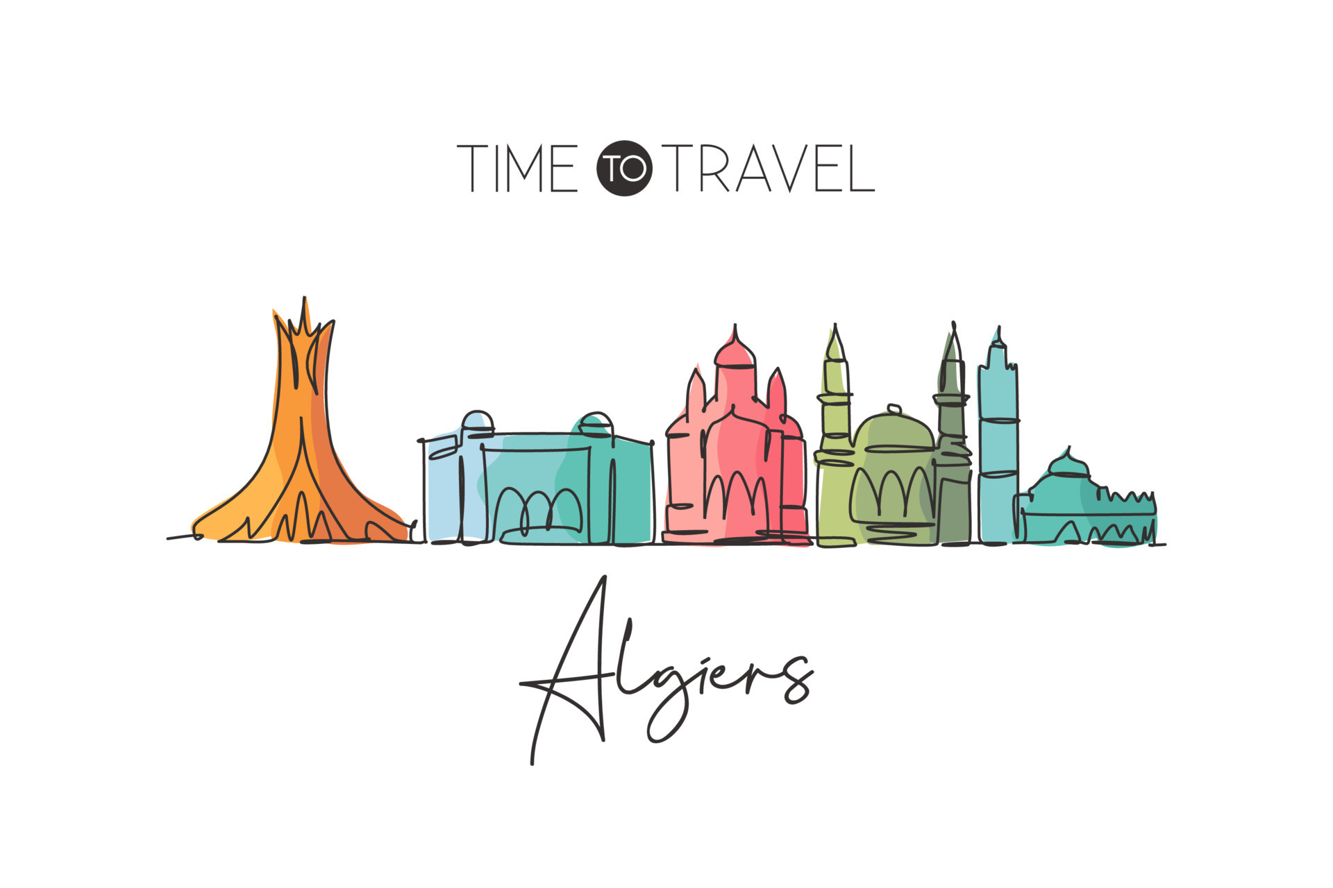 Single continuous line drawing of Algiers city skyline, Algeria. Famous city scraper landscape ...