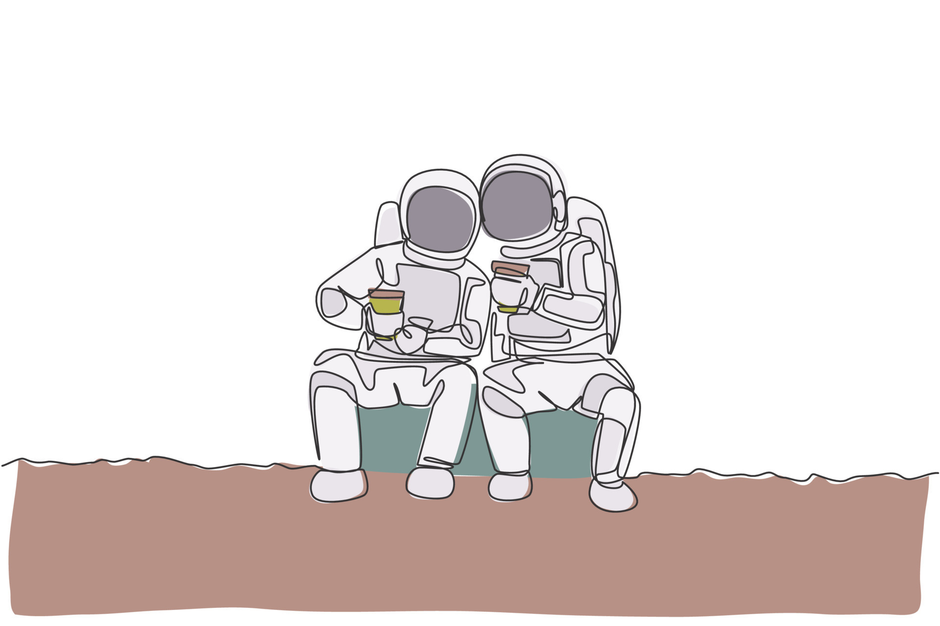One single line drawing two young happy astronauts sitting while drinking coffee together in ...