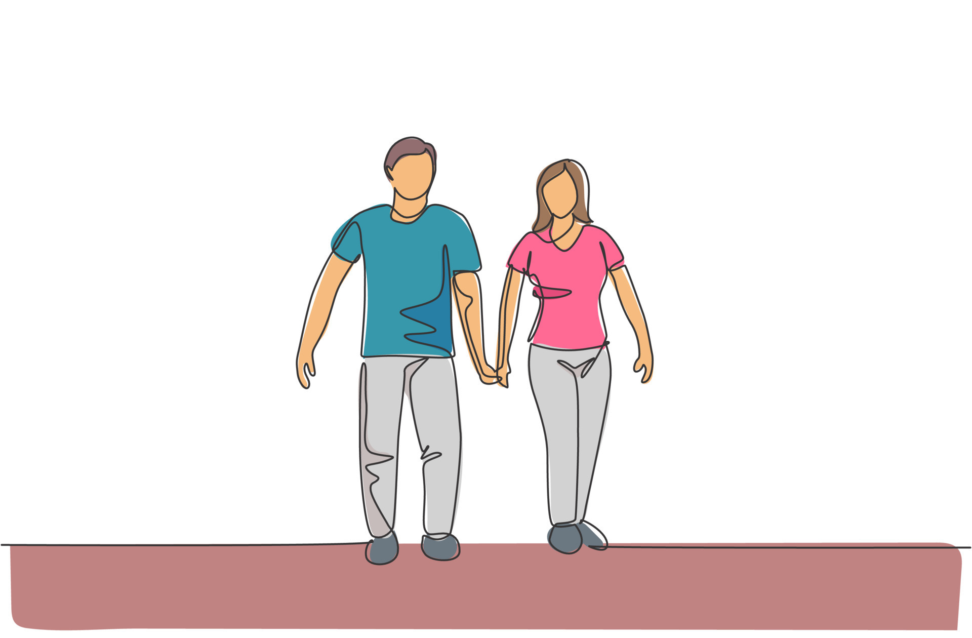 One single line drawing of young couple wife and husband walking together while holding hand at ...