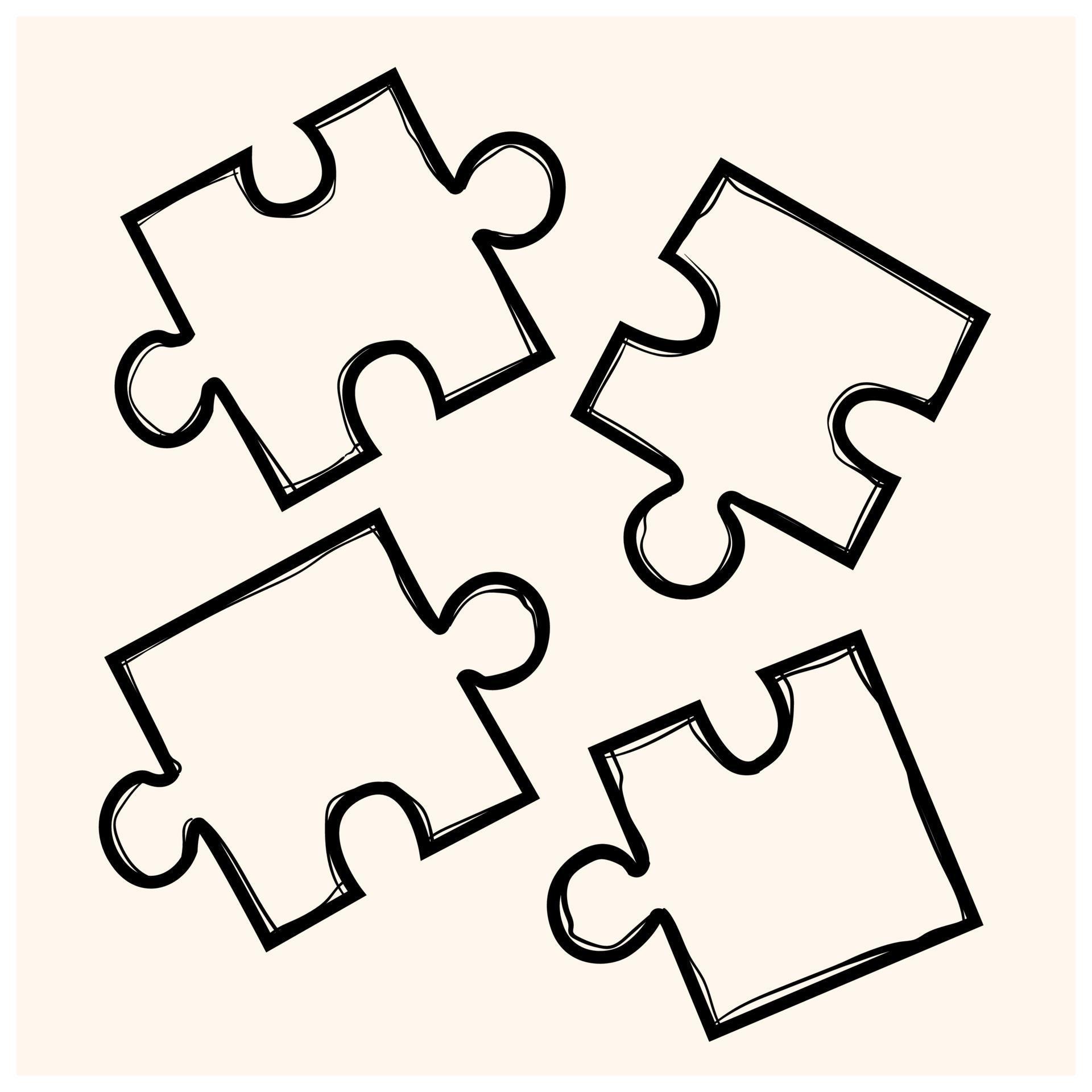 Scattered puzzles in sketch style on a white background. Conceptual puzzle with detailed touches ...
