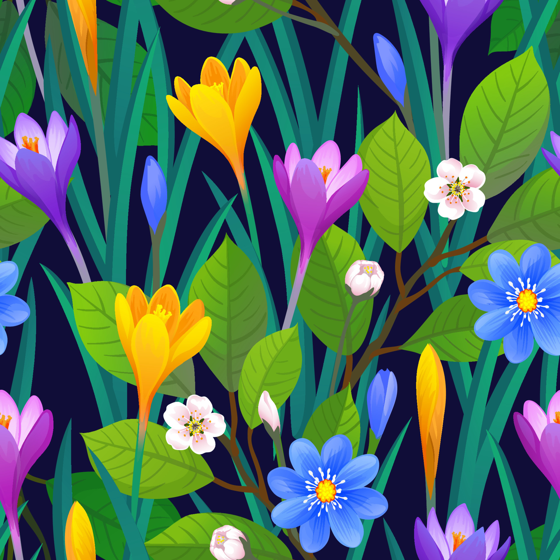 Floral seamless pattern with crocuses and cherry blossom. Vector ...