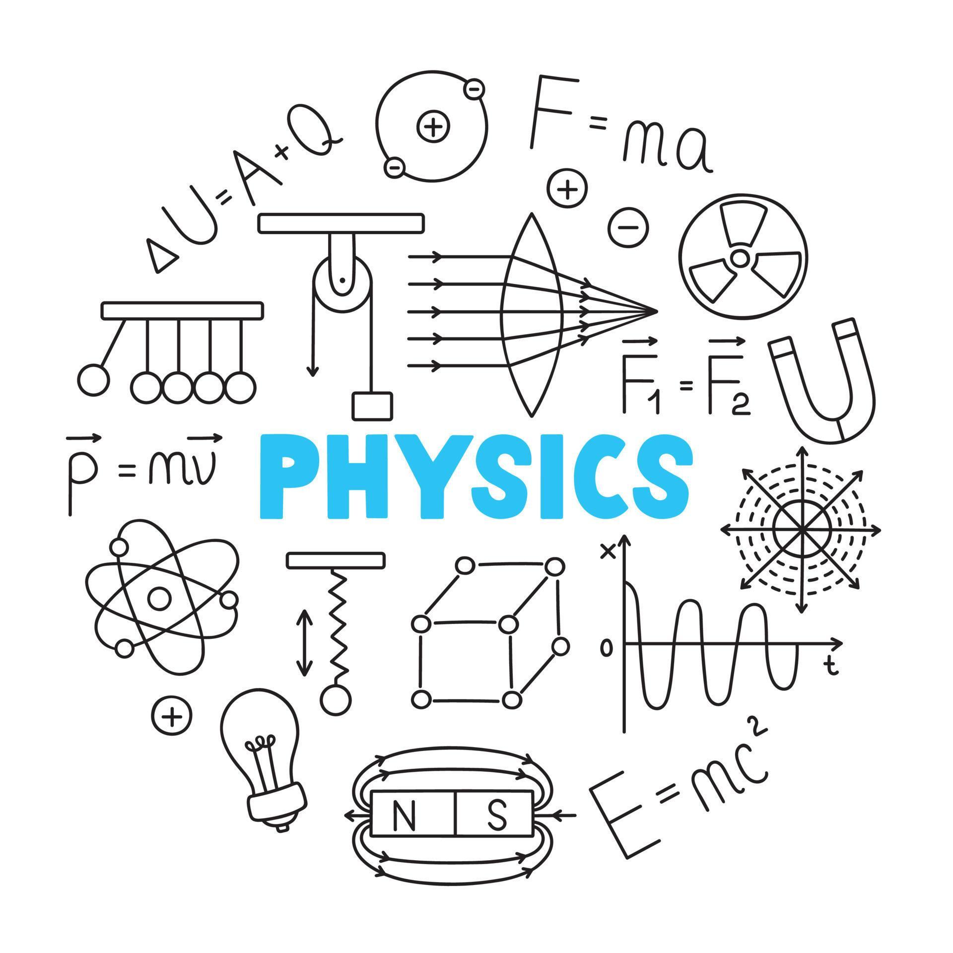 Physics doodle set. Education and study concept. School equipment, formulas, schemes in sketch ...