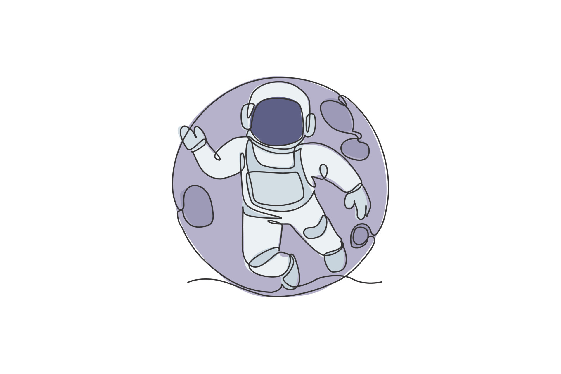 Single Continuous Line Drawing Of Floating Science Astronaut In Spacewalk Flying Against Full