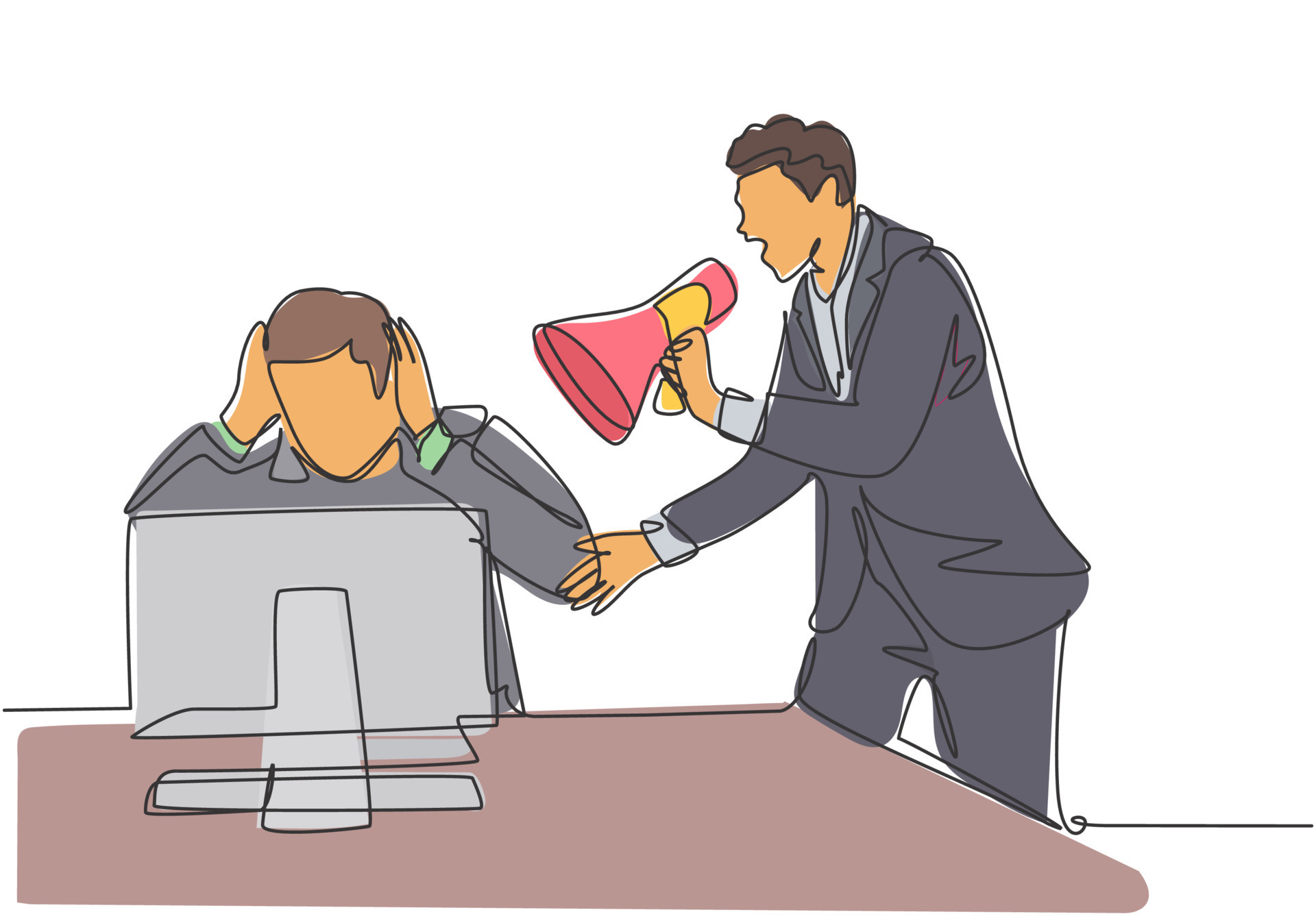 Single continuous line drawing of young frustrated manager shouting his ...