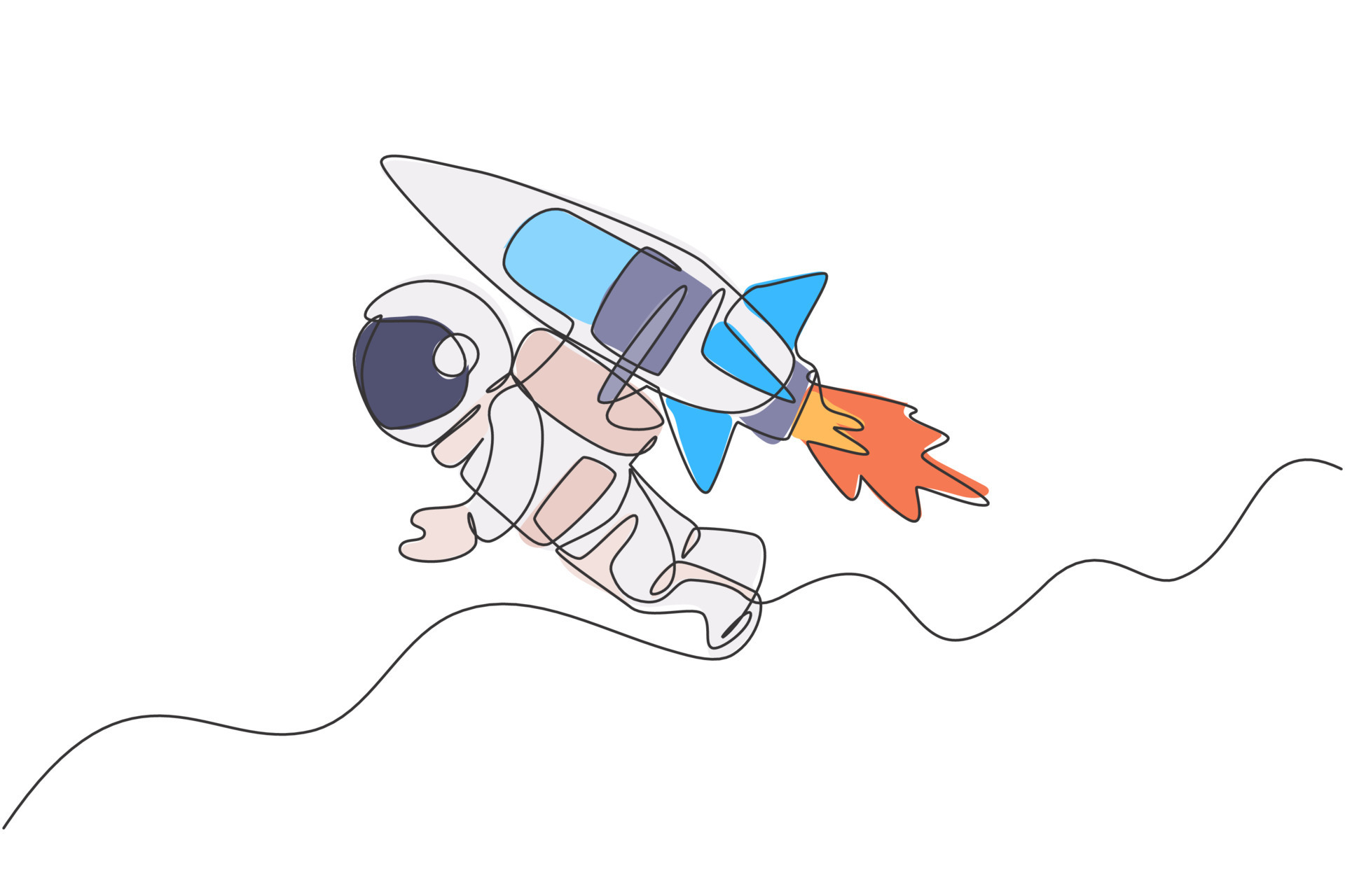 Single Continuous Line Drawing Astronaut In Spacesuit Flying At Outer Space With Jetpack Rocket