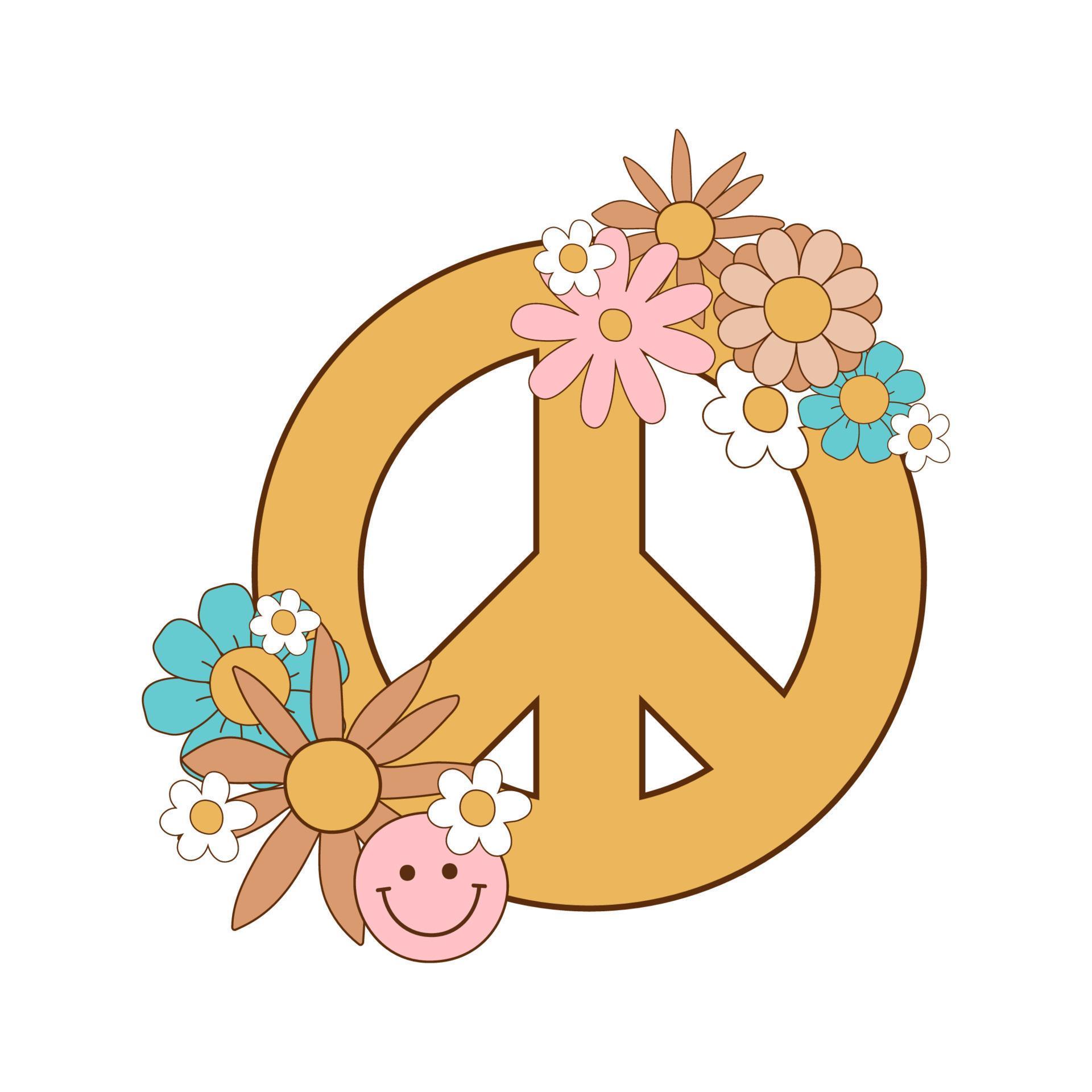 Retro peace symbol. Groovy decorative element isolated on white. Cute floral peace symbol in ...