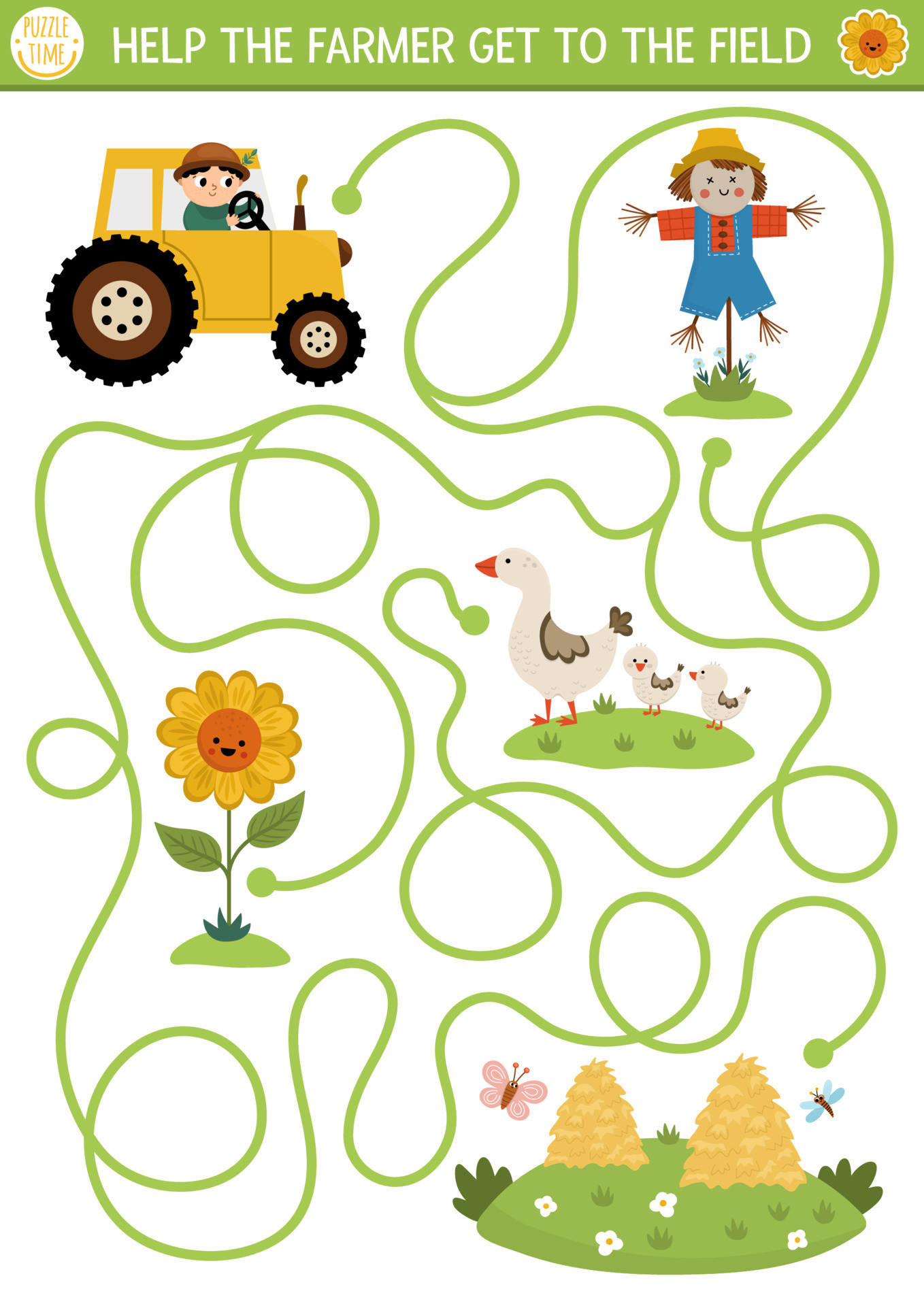 Farm maze for kids with cute tractor, scarecrow, sunflower, hay stacks ...