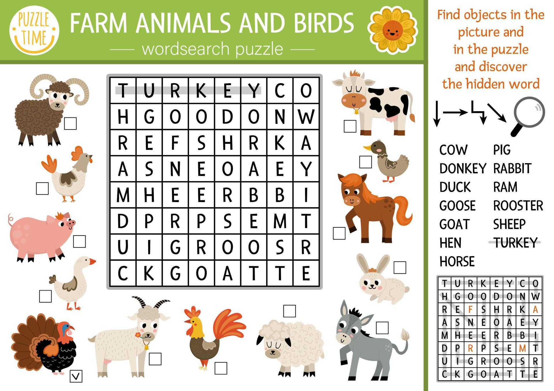 Vector farm animals and birds wordsearch puzzle for kids. Simple on the ...