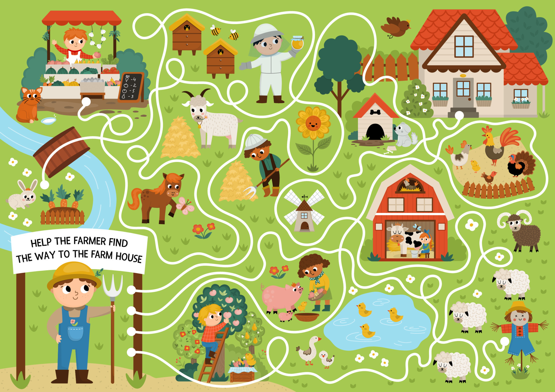 Farm maze for kids with rural village landscape, animals, barn, cottage ...