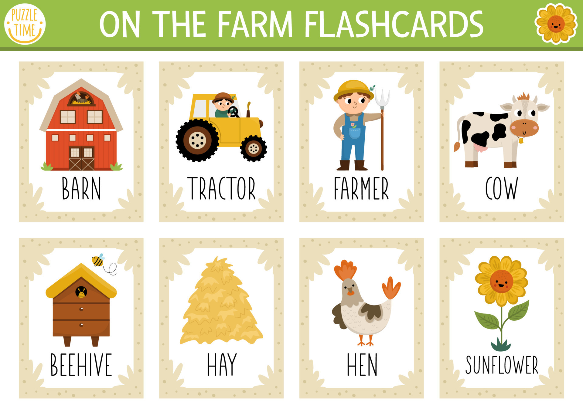 Vector on the farm flash cards set. English language game with cute ...