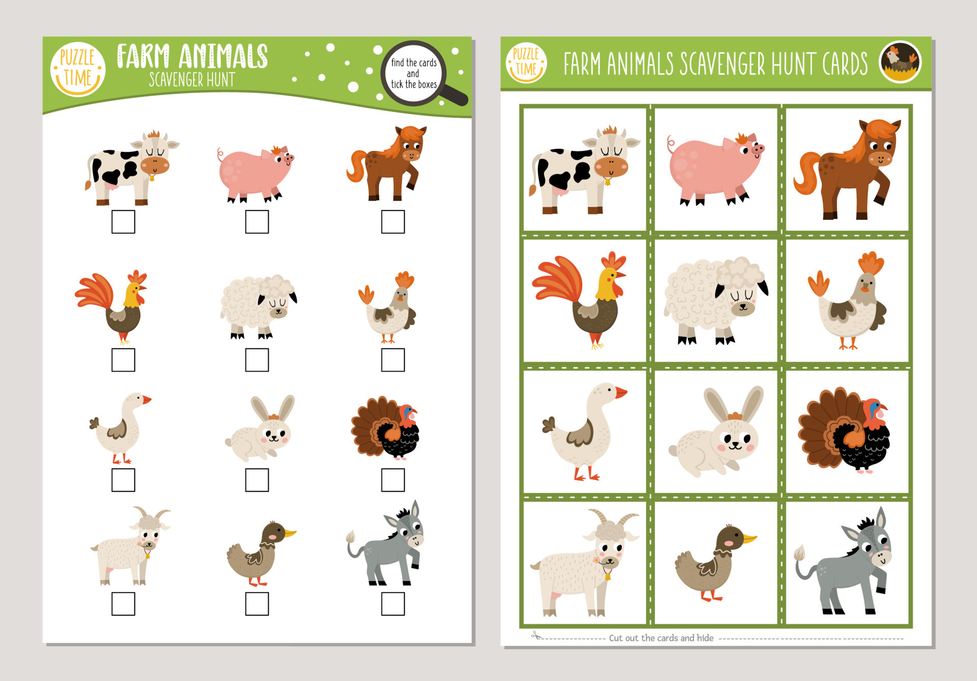 Vector farm animals scavenger hunt cards set. Seek and find game with ... Vector farm animals scavenger hunt cards set. Seek and find game with ...