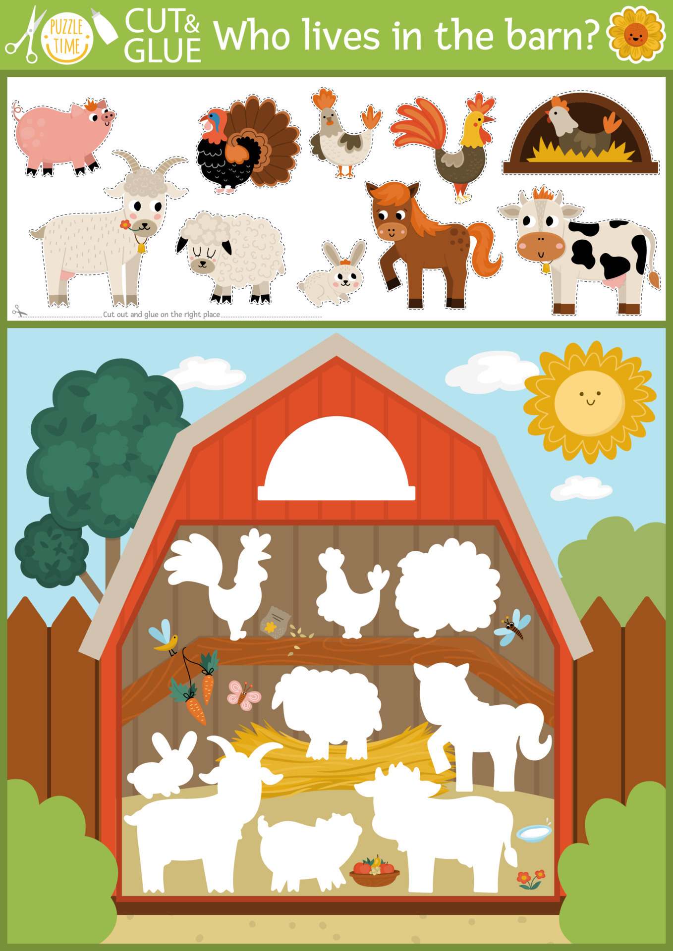 Vector on the farm cut and glue activity. Crafting game with cute farm ... Vector on the farm cut and glue activity. Crafting game with cute farm ...
