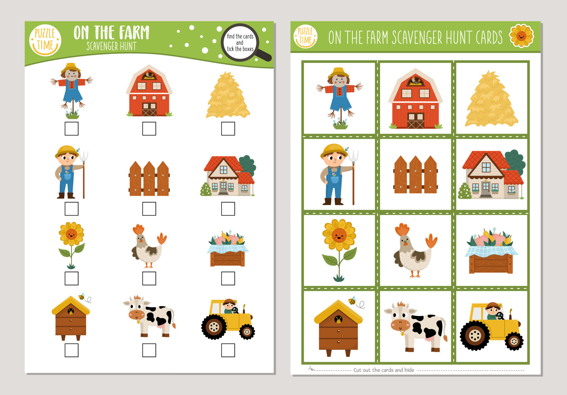 Vector on the farm scavenger hunt cards set. Seek and find game with ... Vector on the farm scavenger hunt cards set. Seek and find game with ...