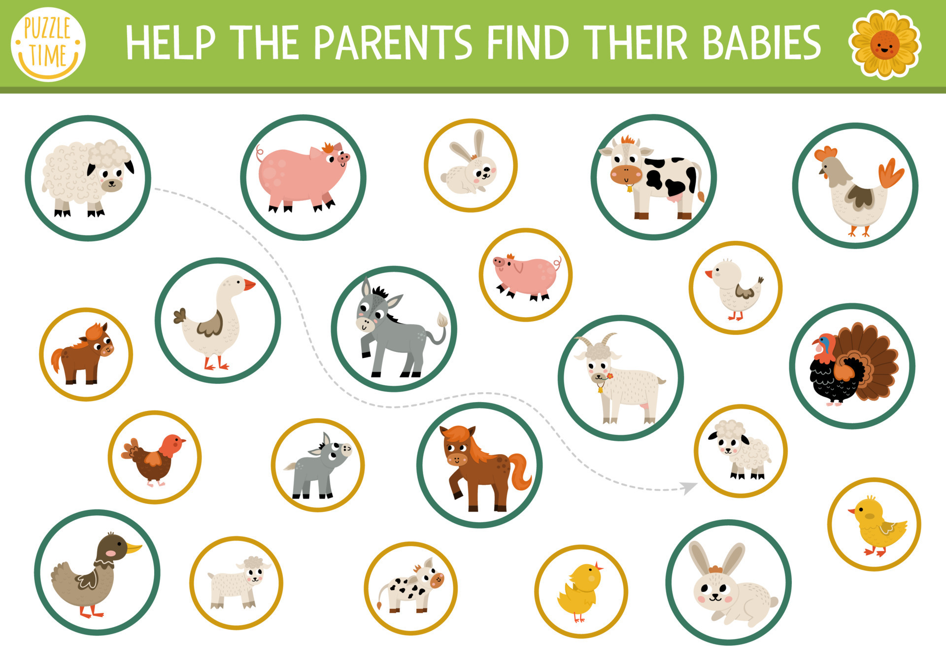 Farm matching activity with cute animals and babies. Country puzzle with rabbit, cow, hen, goat ...