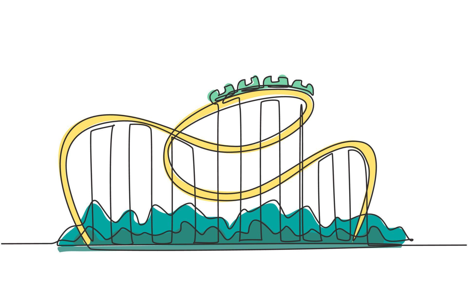 Single continuous line drawing of a roller coaster in amusement park with a track high into the ...