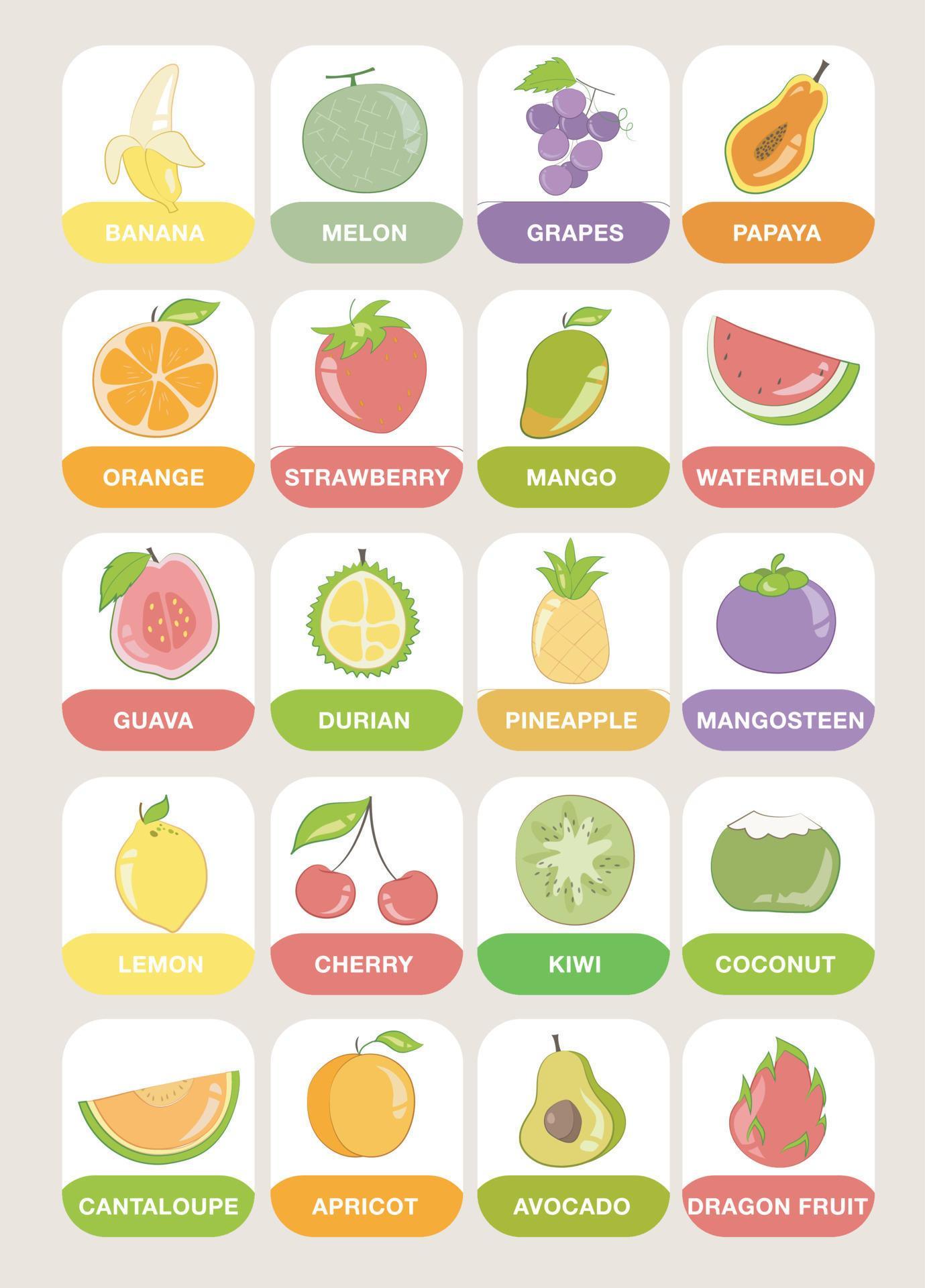 Tropical fruits Flashcards for Children. Cute flashcards for children ...
