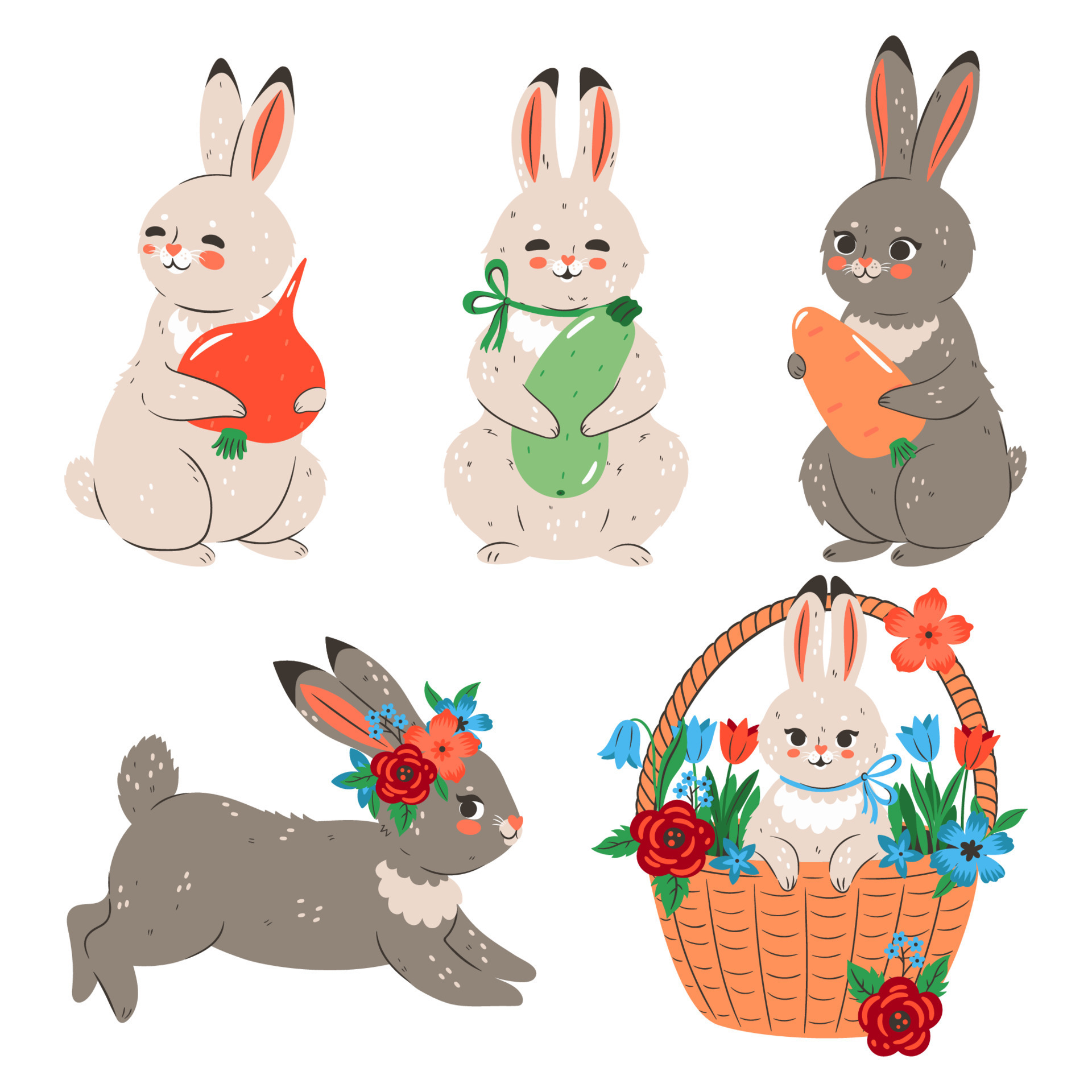 Set of cute rabbits with vegetables and flowers. Vector graphics ...