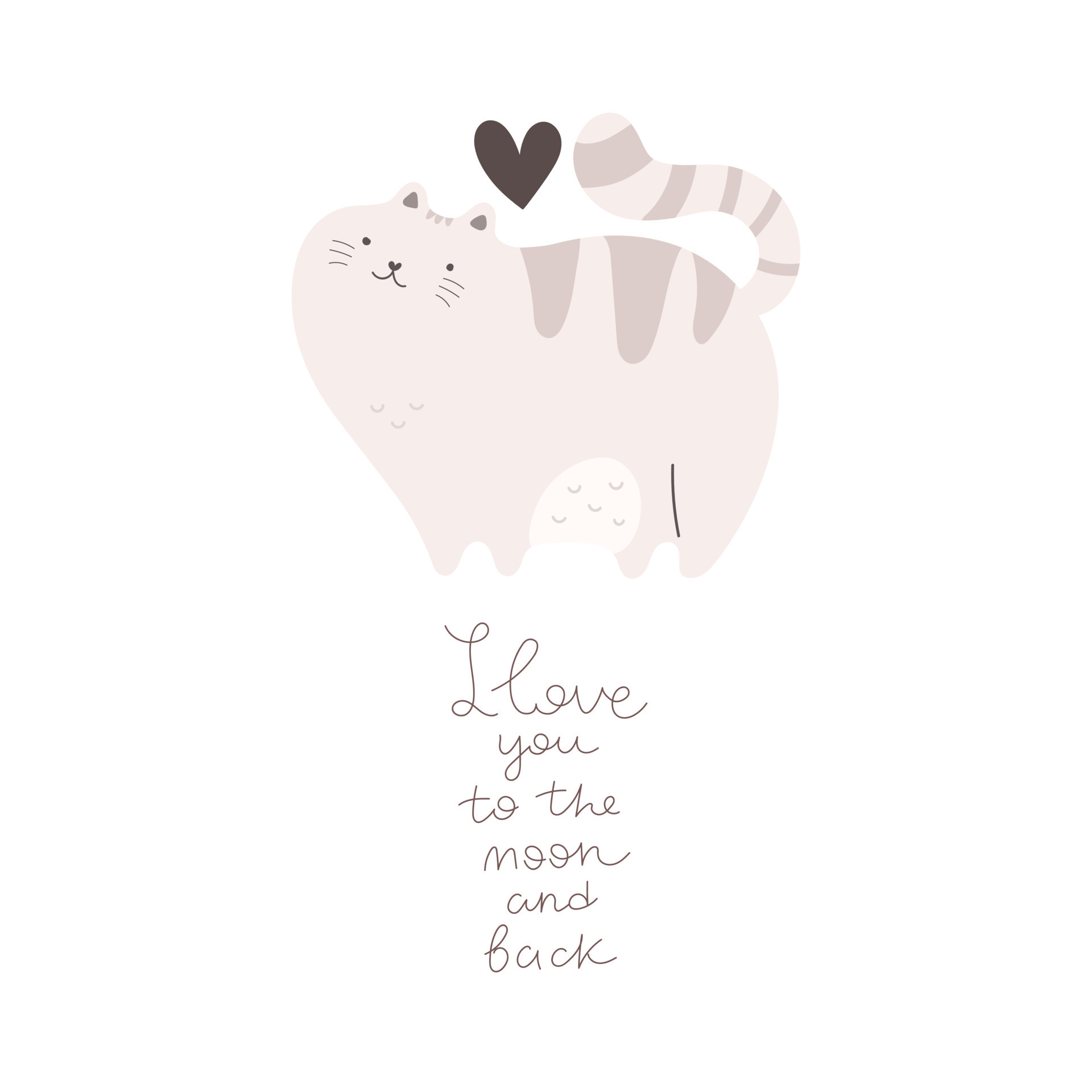 I love you to the moon and back. cartoon cat, hand drawing lettering. colorful vector flat style ...