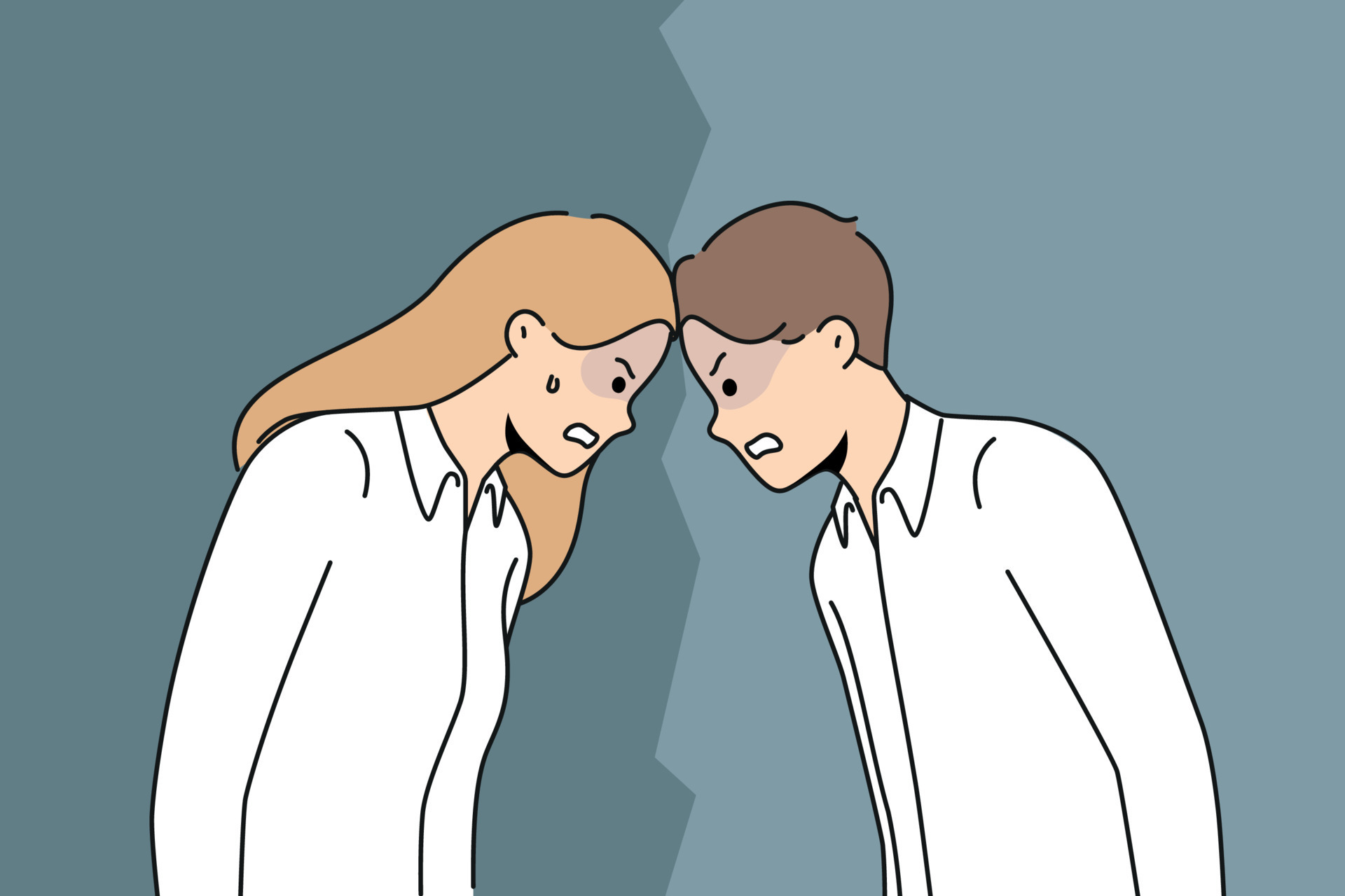 Angry man and woman confrontation at workplace. Furious male and female rivals or competitors ...
