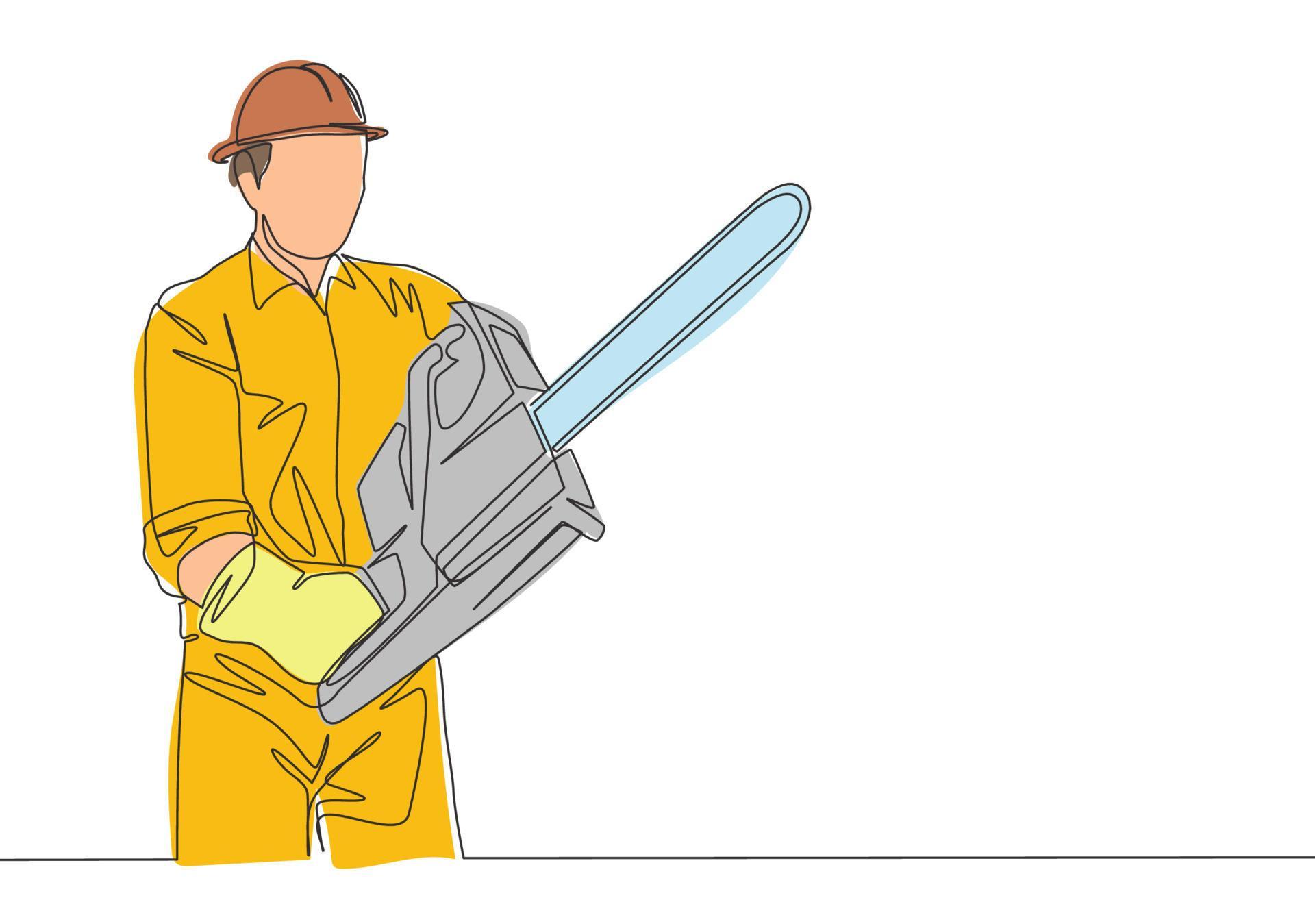 One continuous line drawing of young attractive woodworker holding big ...