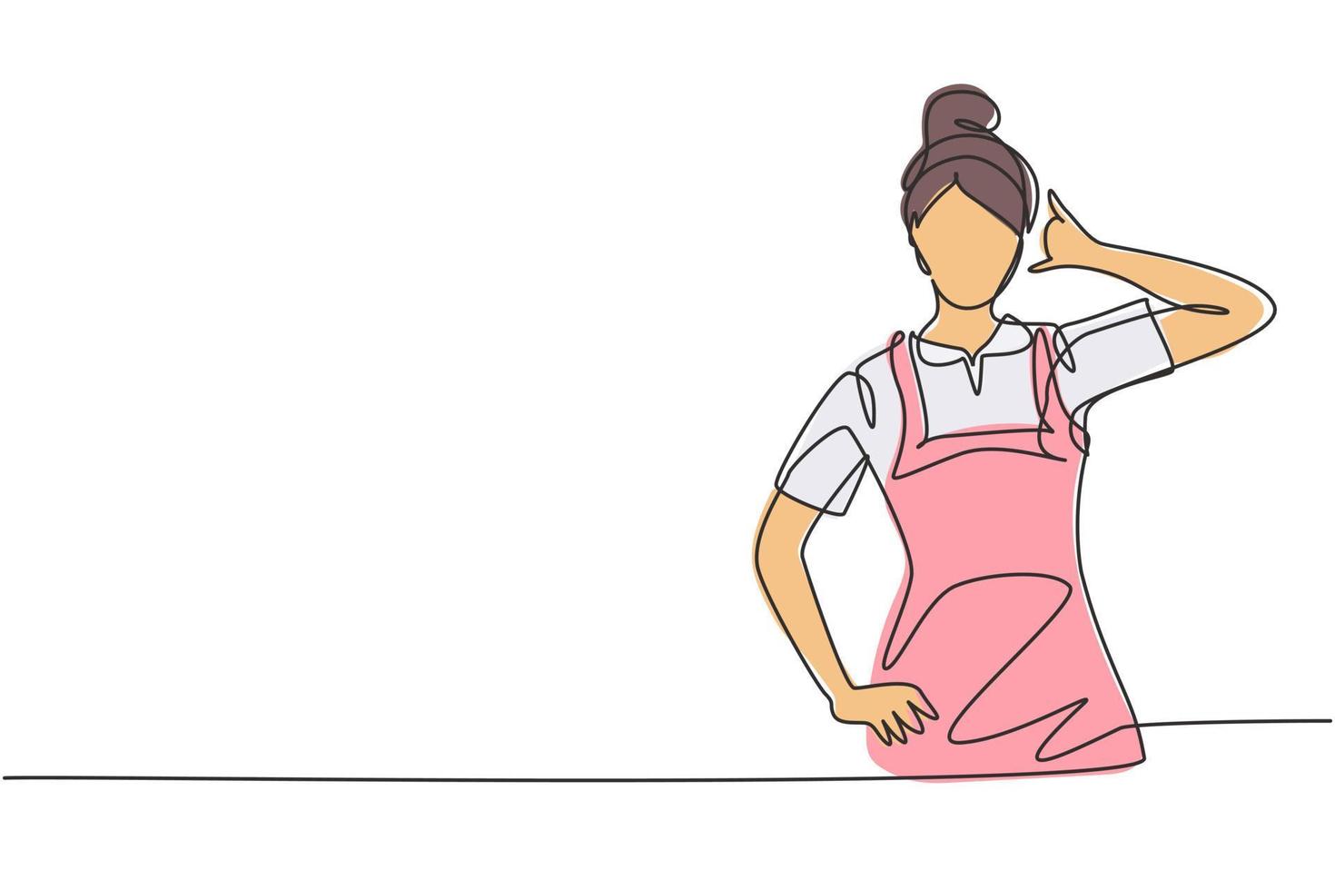 Single One Line Drawing Maid In Hotel With Call Me Gesture And In Neat Uniform Tidying Up Messy