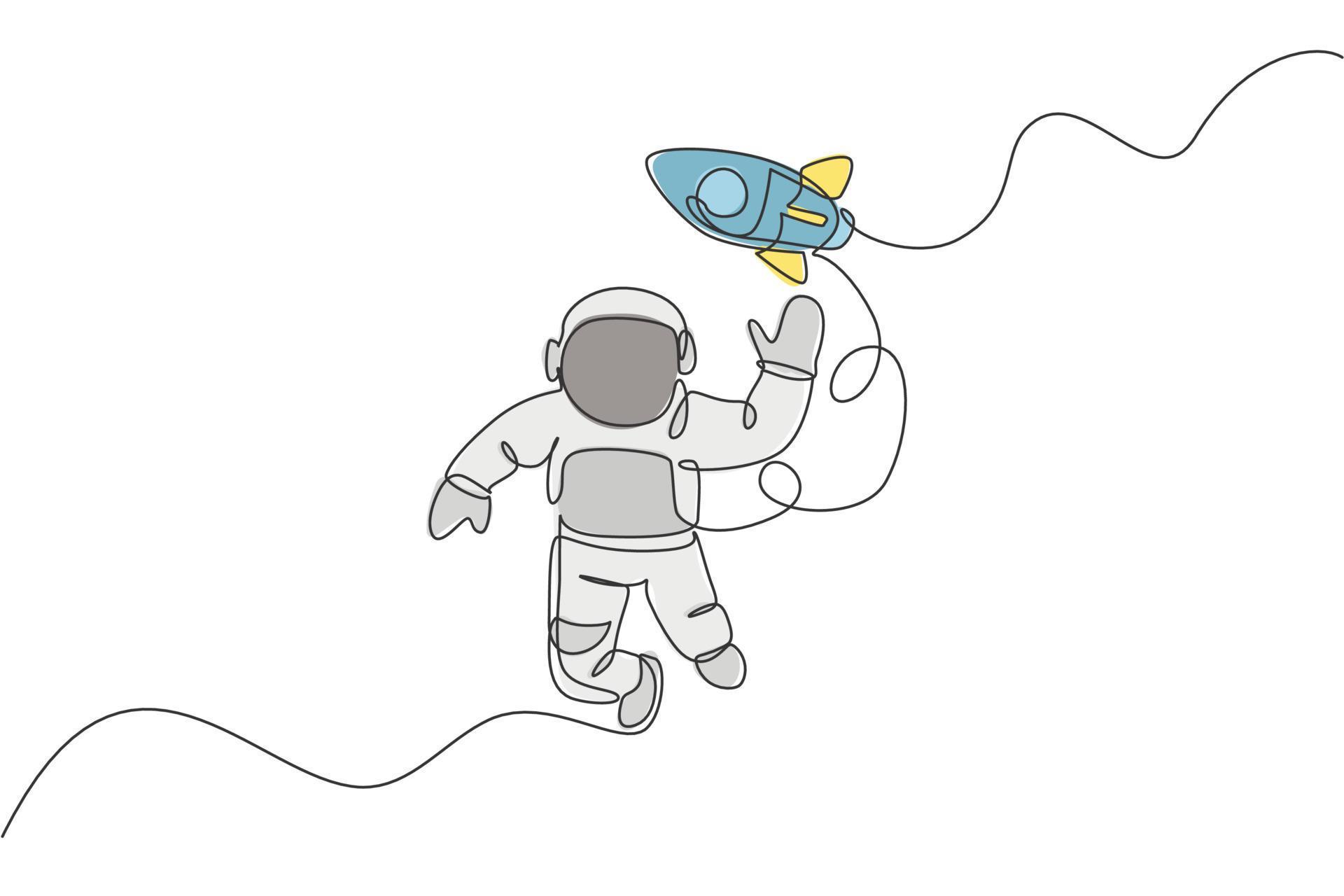 One continuous line drawing of waving hand spaceman astronaut science ...