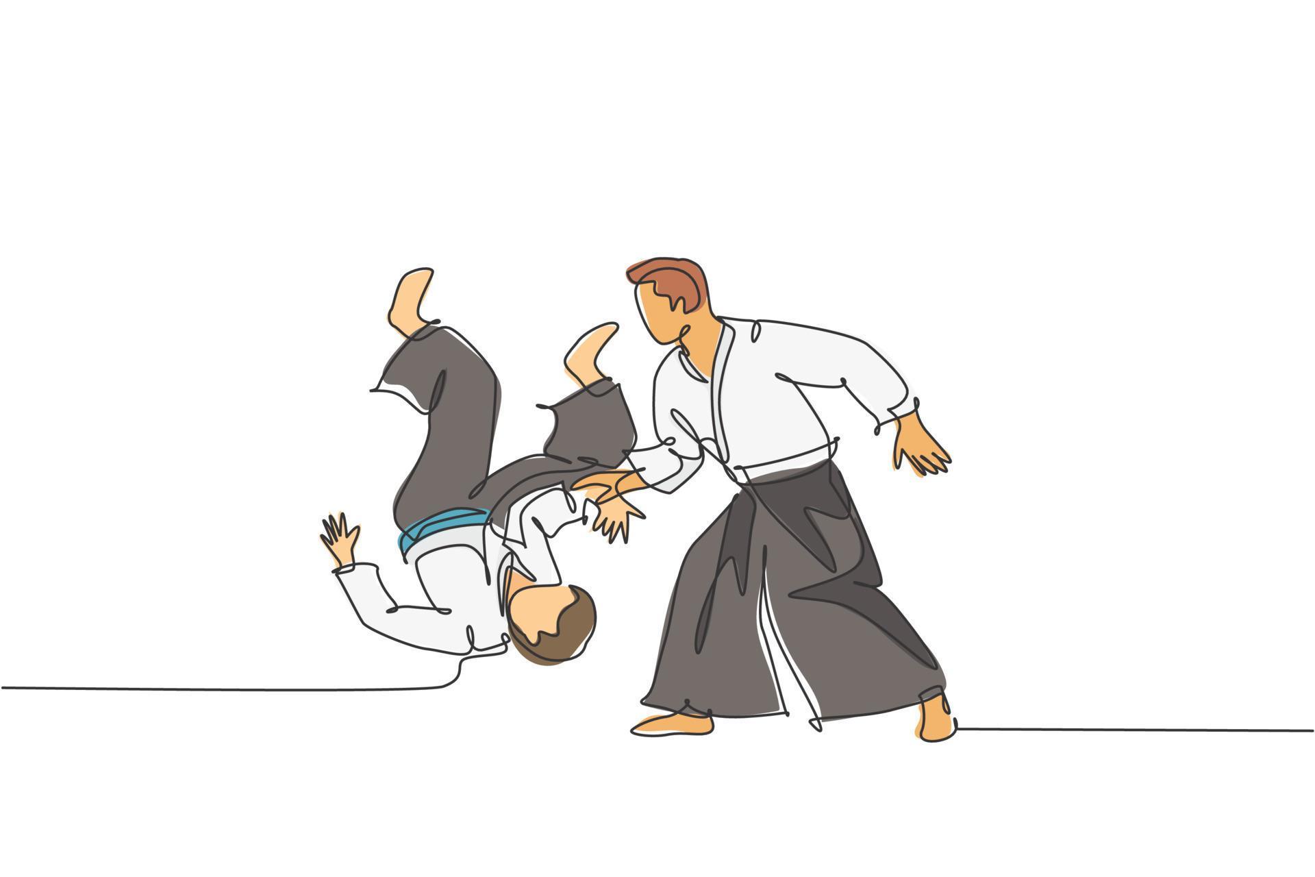 One continuous line drawing of young man aikido fighter practice fighting technique at dojo ...
