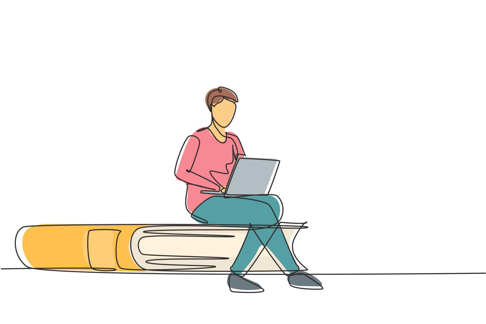 Single continuous line drawing young man studying with laptop and ...