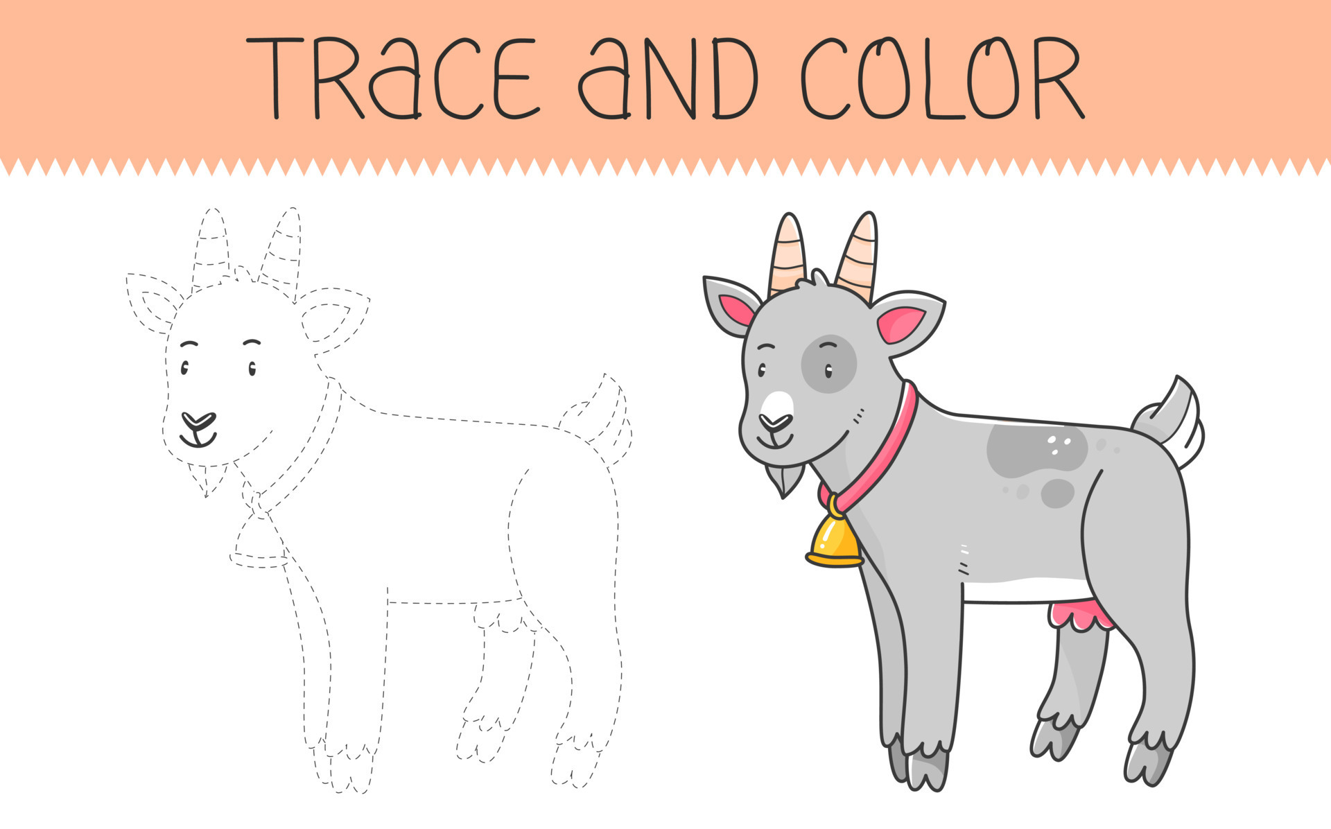 Trace and color coloring book with goat for kids. Coloring page with ... Trace and color coloring book with goat for kids. Coloring page with ...